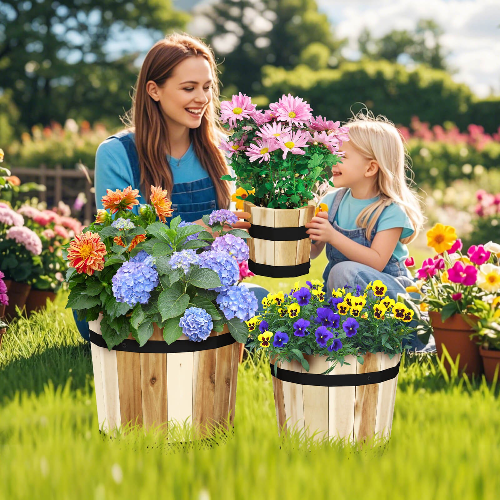 GHHKTY Outdoor Wooden Planter Box Set of 3 – Acacia Wood Half Barrel ...