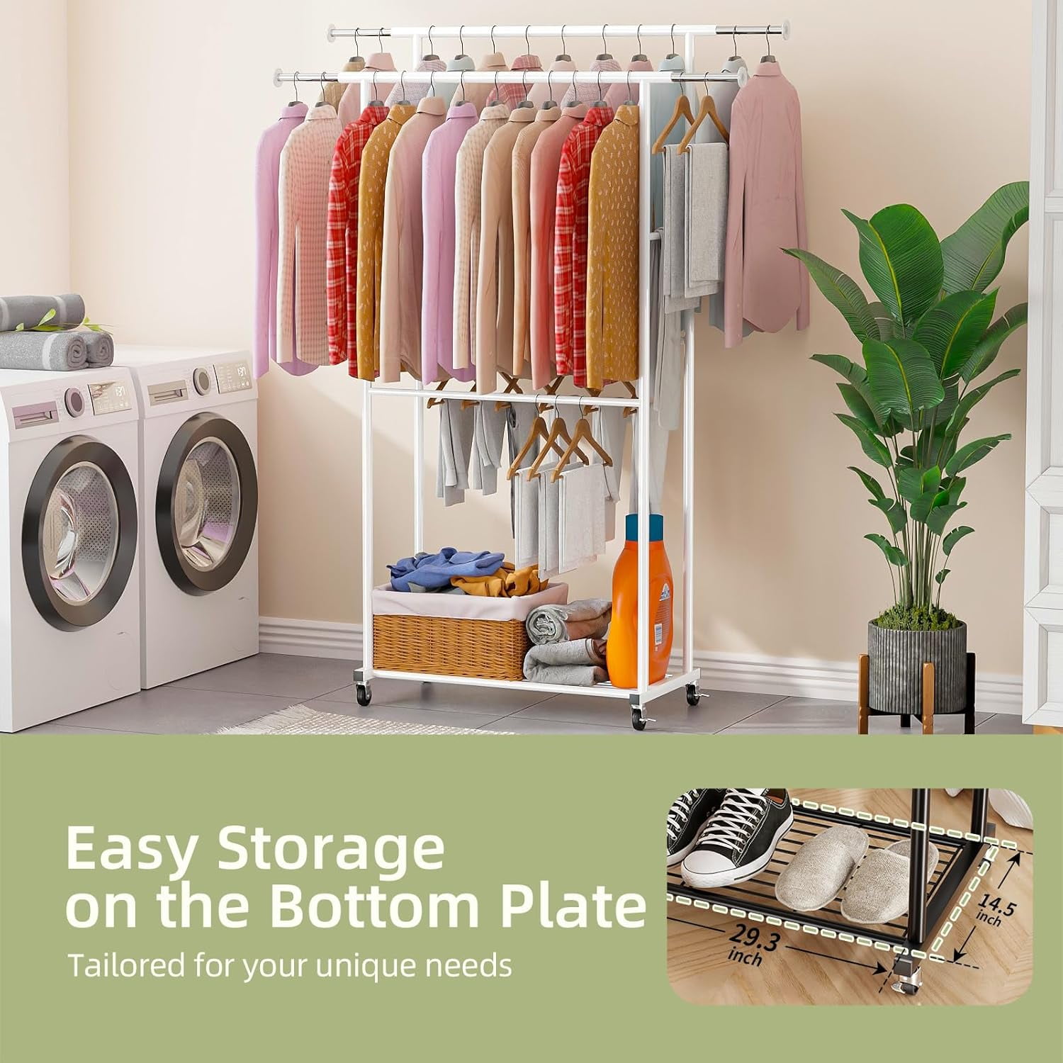 GHLZYDA Double Rod Clothing Garment Rack Rolling Clothes Organizer with ...