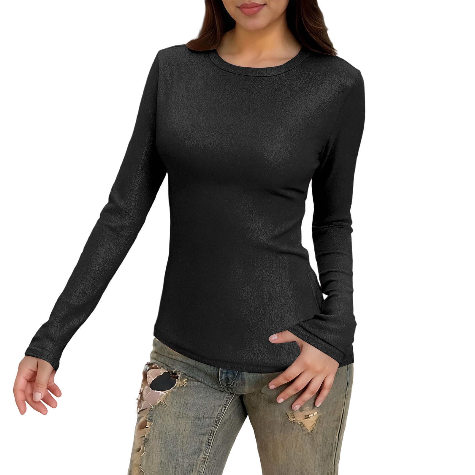 GHNJK Womens Crew Neck Basic Long Sleeve T Shirt Slim Fit Tees Fall ...