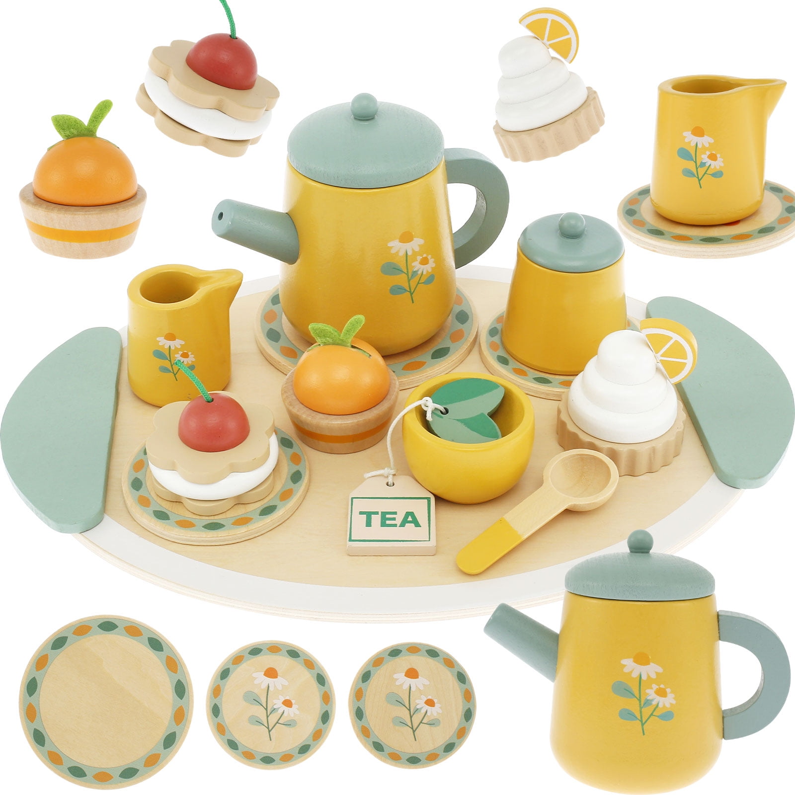 GHOJET 13 Pcs Wooden Tea Set for Little Girls Afternoon Tea Party ...
