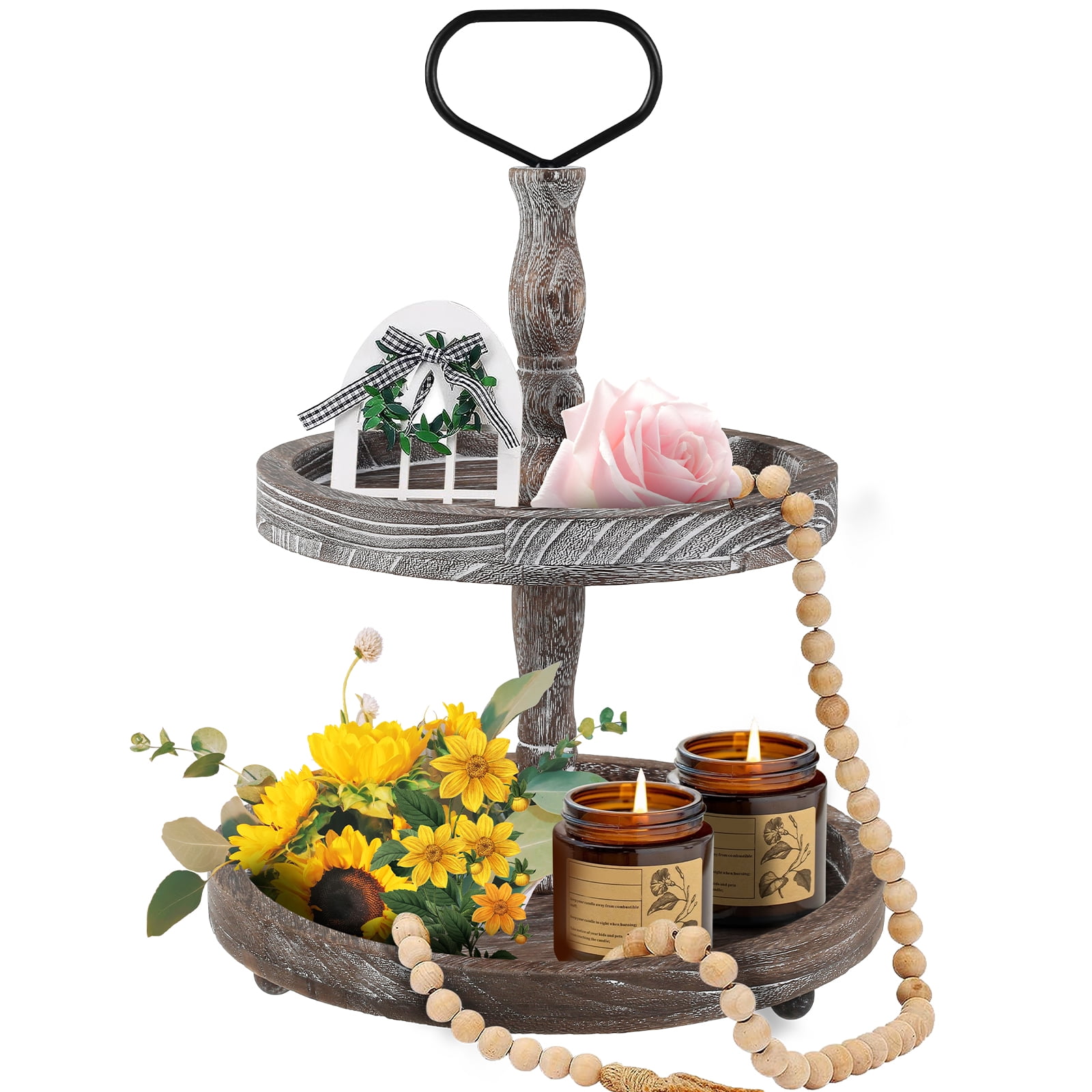 GHOJET 2 Tiered Tray Stand,Wooden Cake Stand Rustic Cupcake Serving ...