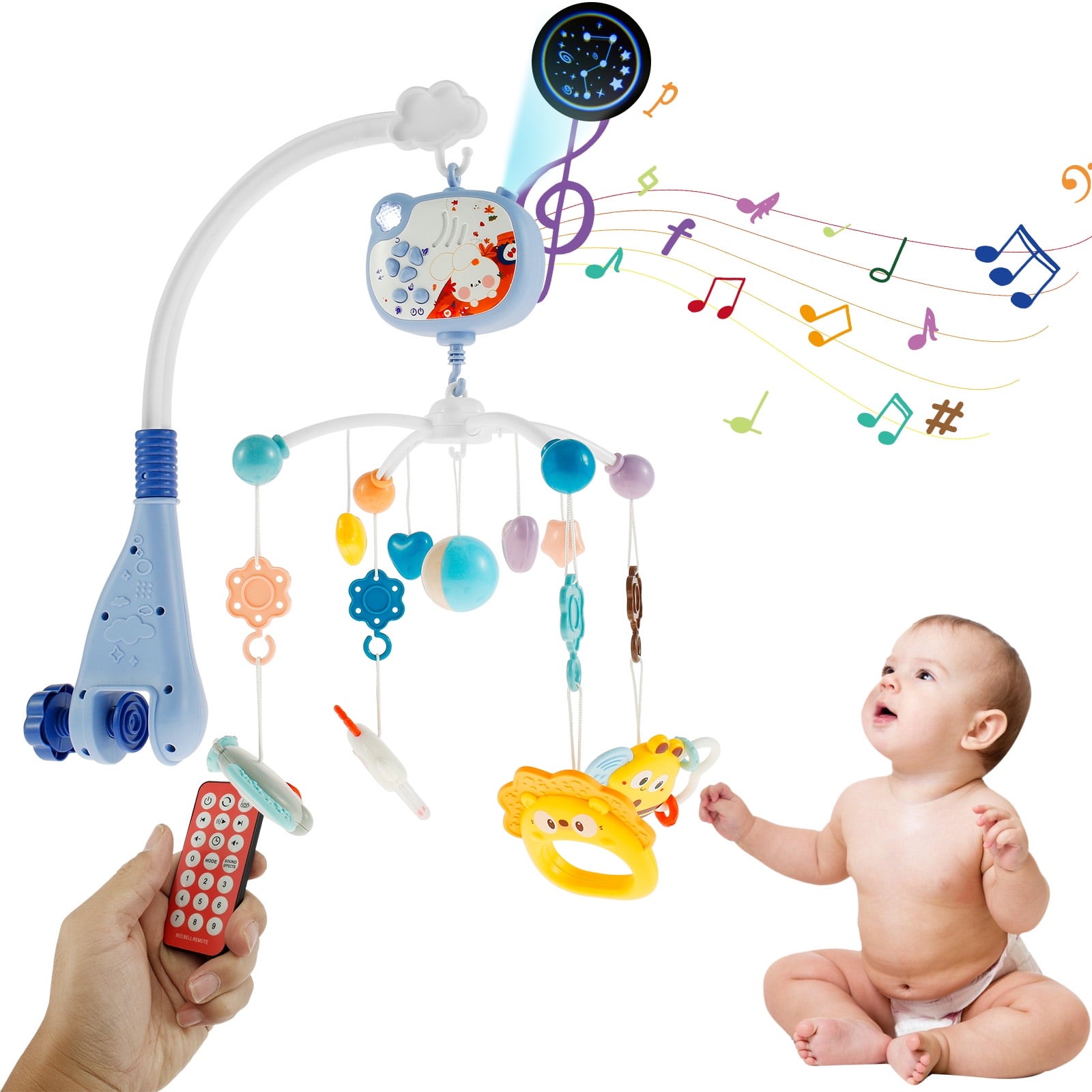 GHOJET Baby Crib Mobile with Music and Light 360° Rotating Musical Crib ...