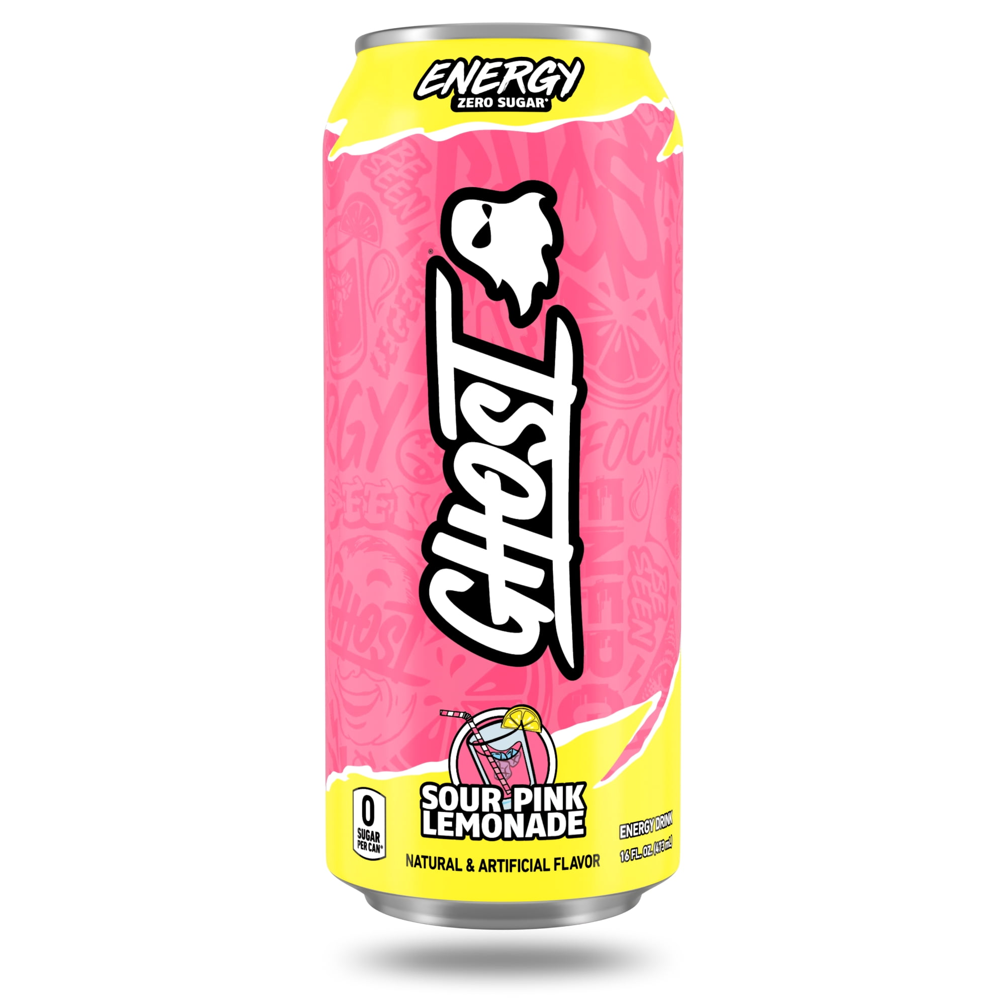 GHOST Energy Sour Pink Lemonade Energy Drink 200mg Caffeine Vegan 16 fl ...