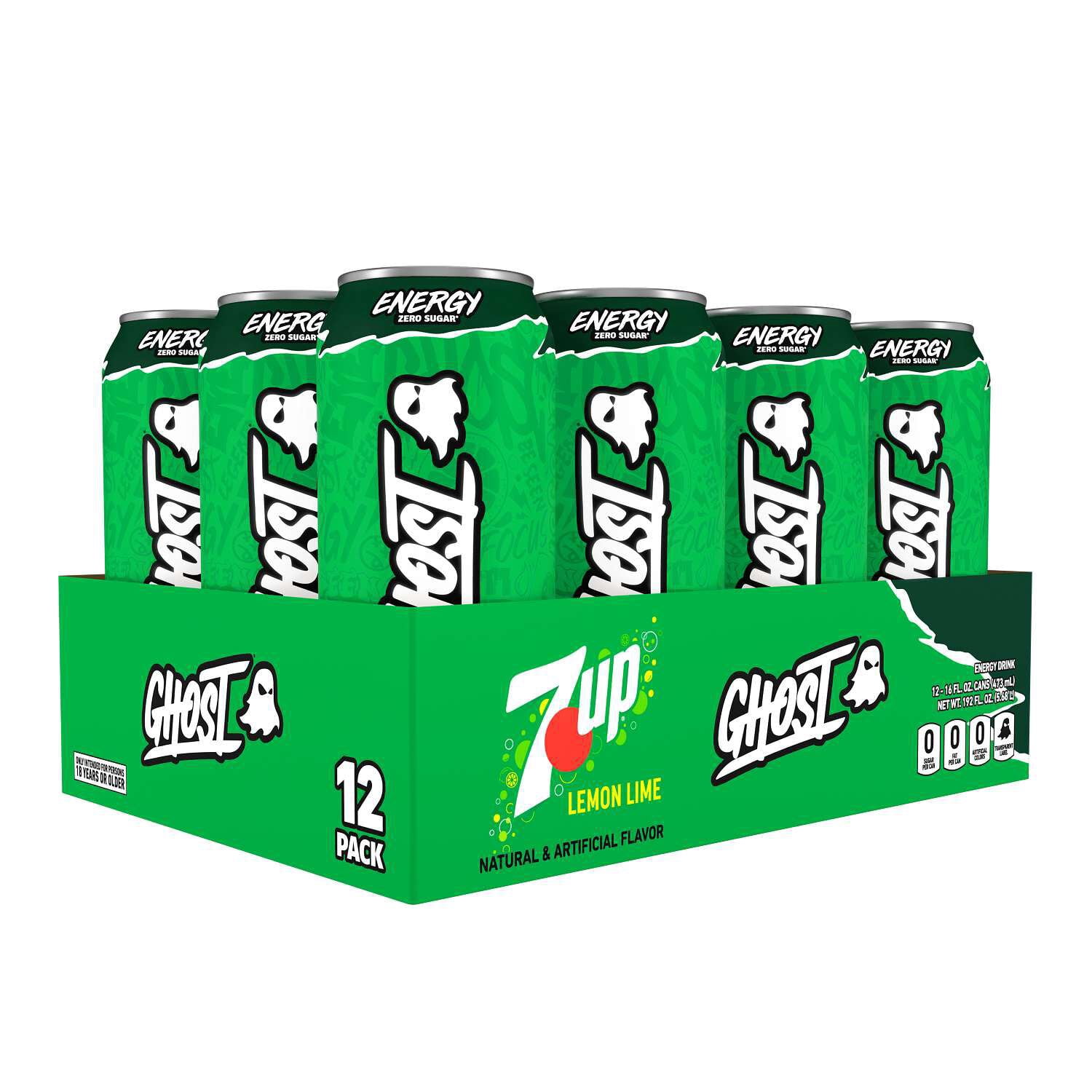 GHOST Energy Drink, 7UP Lemon Lime Flavor, Zero Sugar, 16 fl oz Cans ...