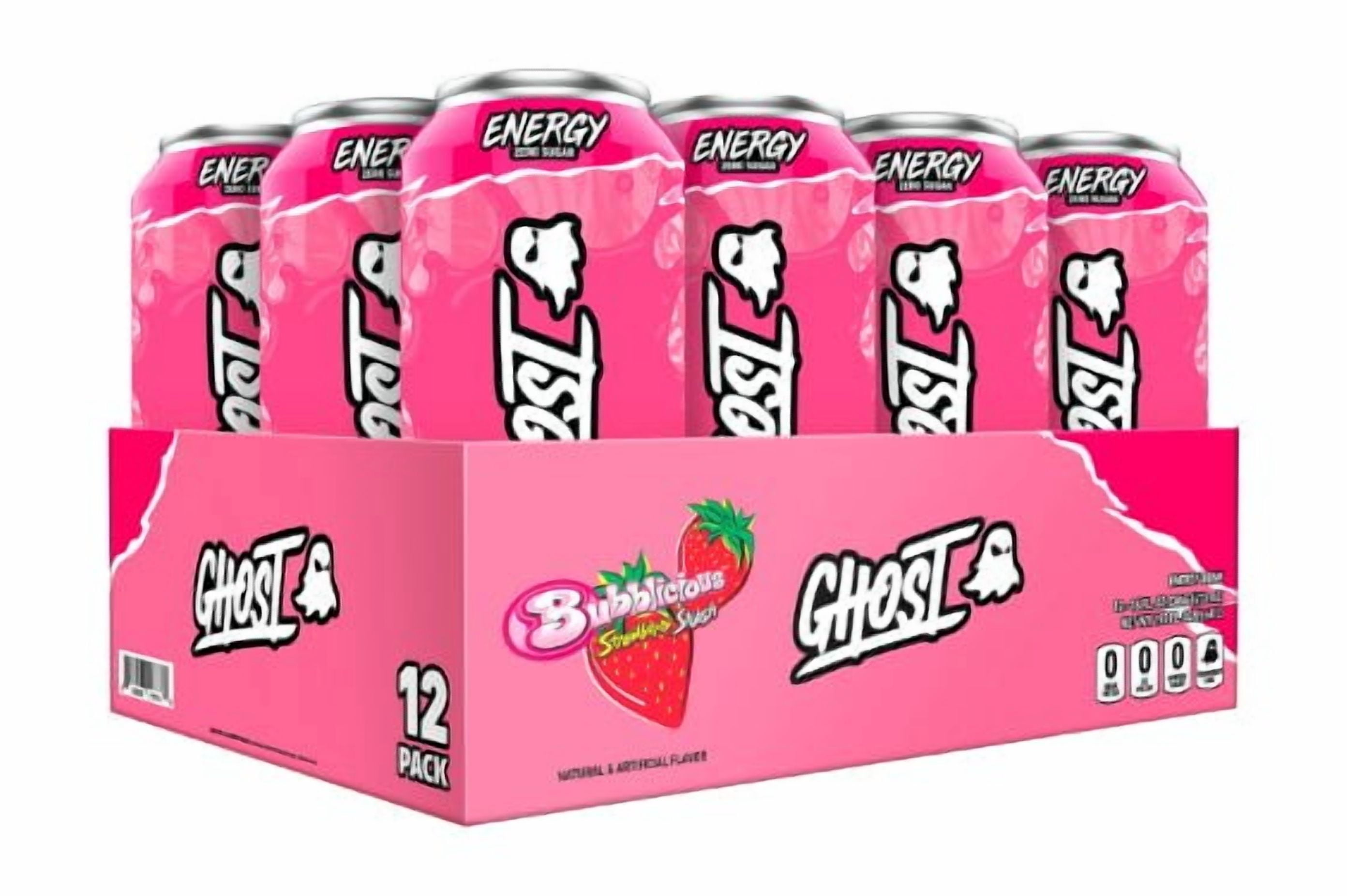 GHOST Energy Drink, Zero Sugar, Bubblicious Strawberry Splash Flavor ...