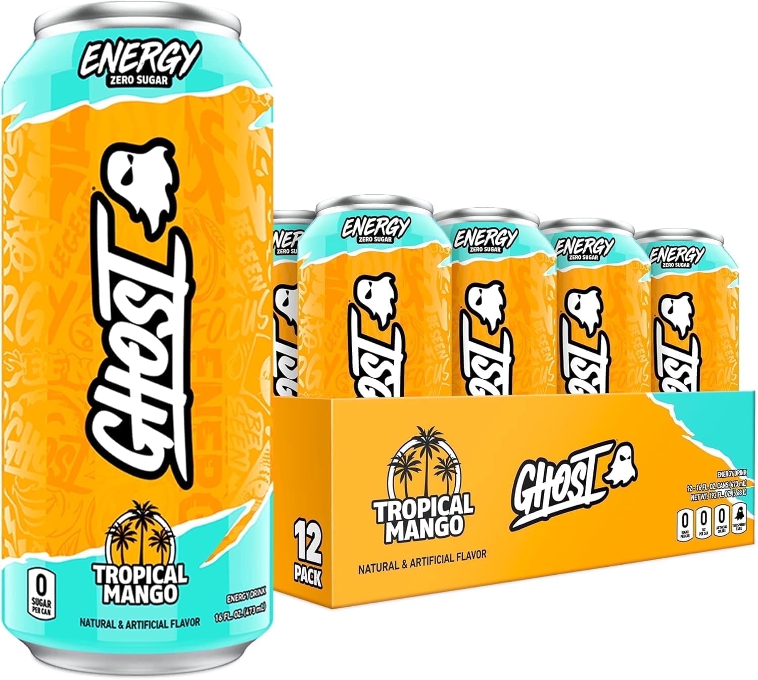 GHOST Zero Sugar Energy Drink, Tropical Mango, 200mg Caffeine, 16 oz ...