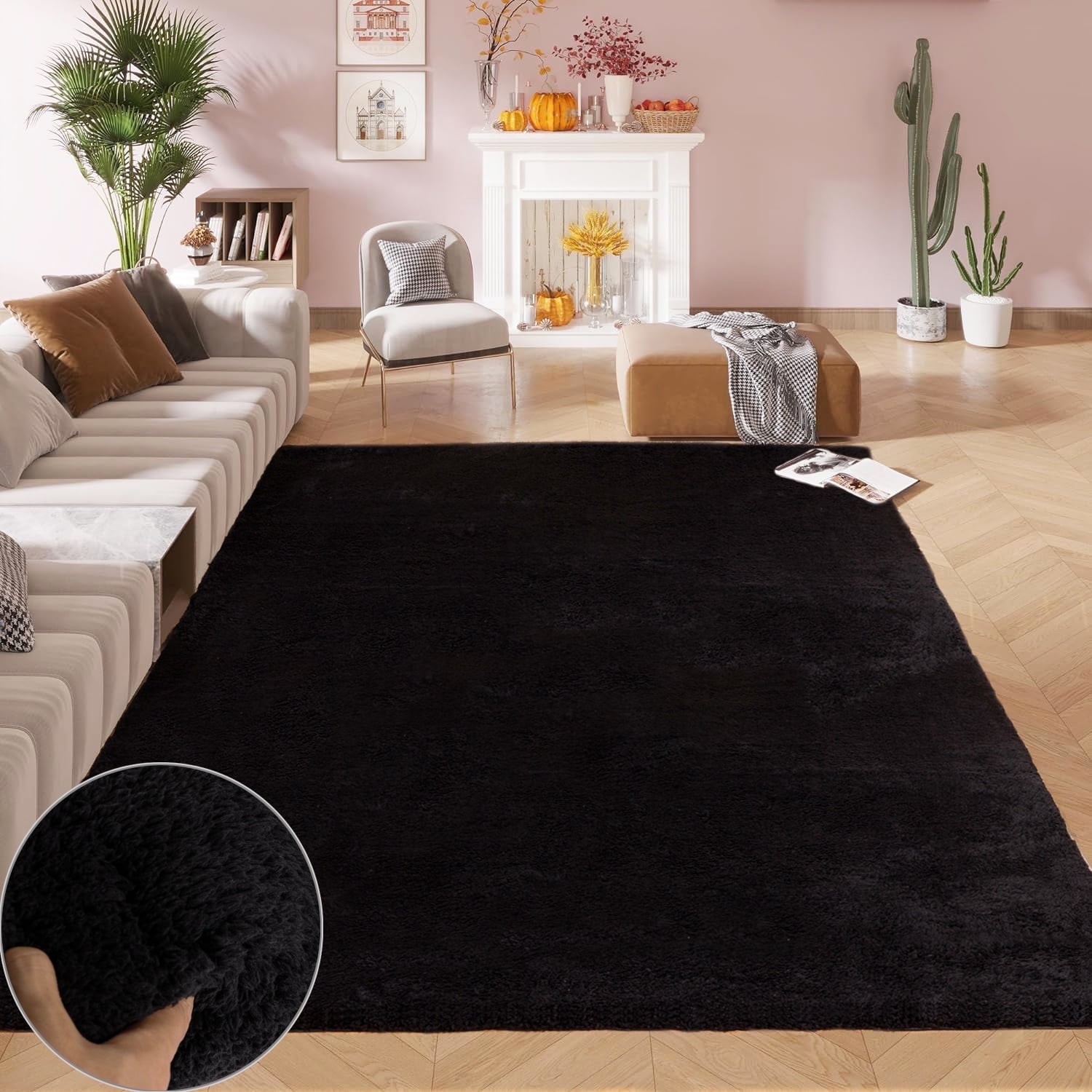 GHOUSE Black Fluffy Rug 5 by 7 Area Rug Black Washable Shaggy Rug for ...
