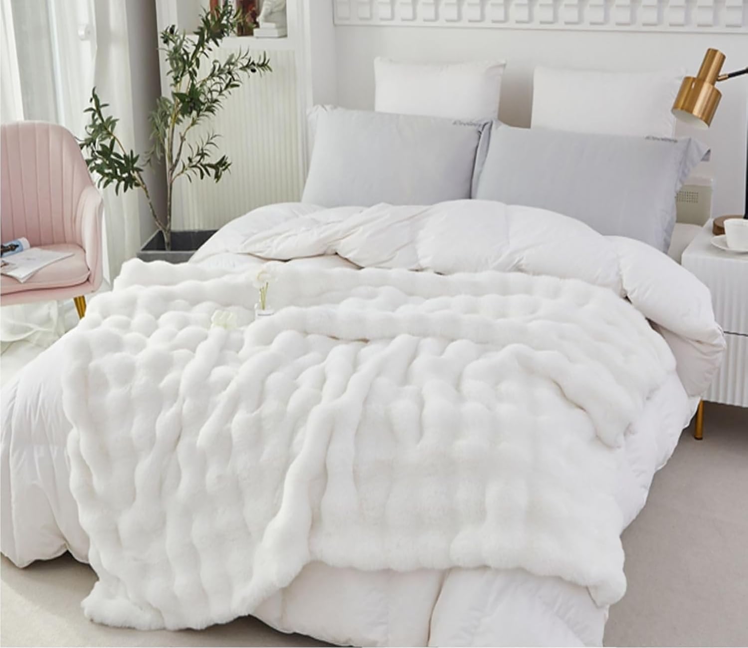 GHOUSE Fuzzy Throw Blanket Soft Large Blankets White Faux Fur Fluffy ...
