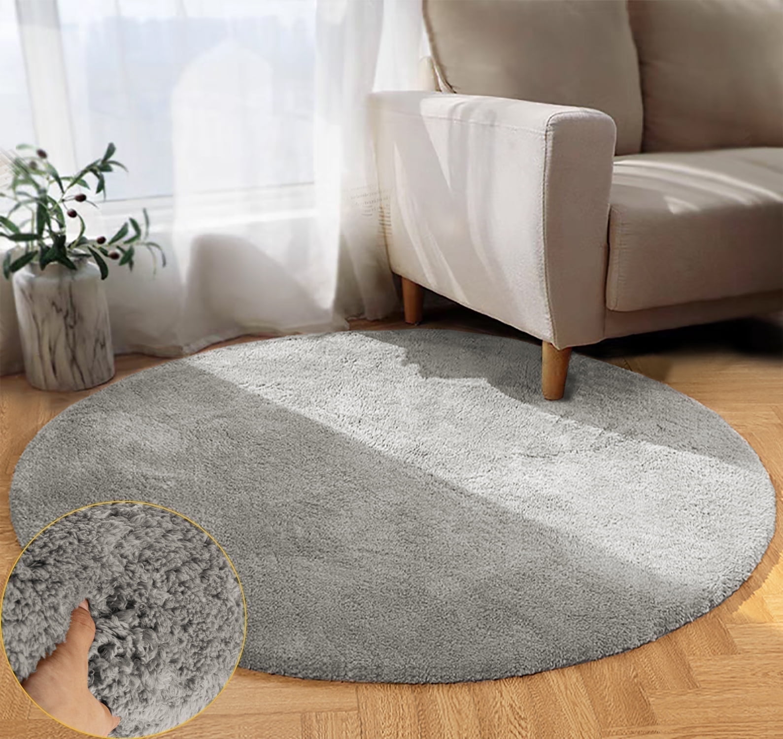 GHOUSE Grey Shag Carpet Round 4x4 ft Area Rugs Washable Bedroom Rug ...