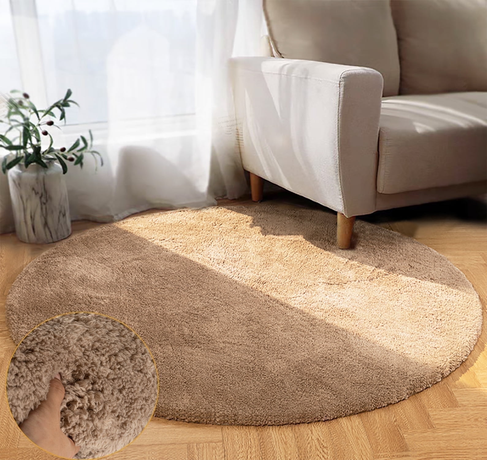 GHOUSE Large Brown Rug 6 ft Round Rug Non Slip for Playroom Bedroom ...