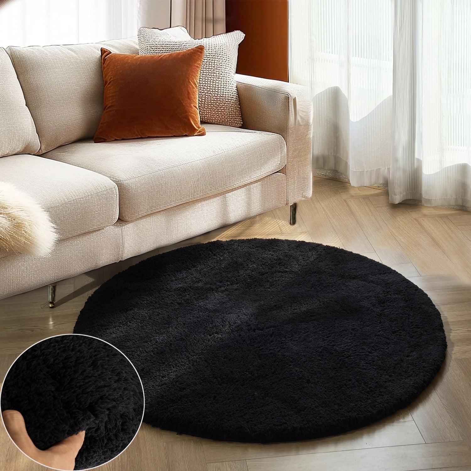 GHOUSE Small Black Round Rugs 3ft Washable Shaggy Area Rug for Entryway ...
