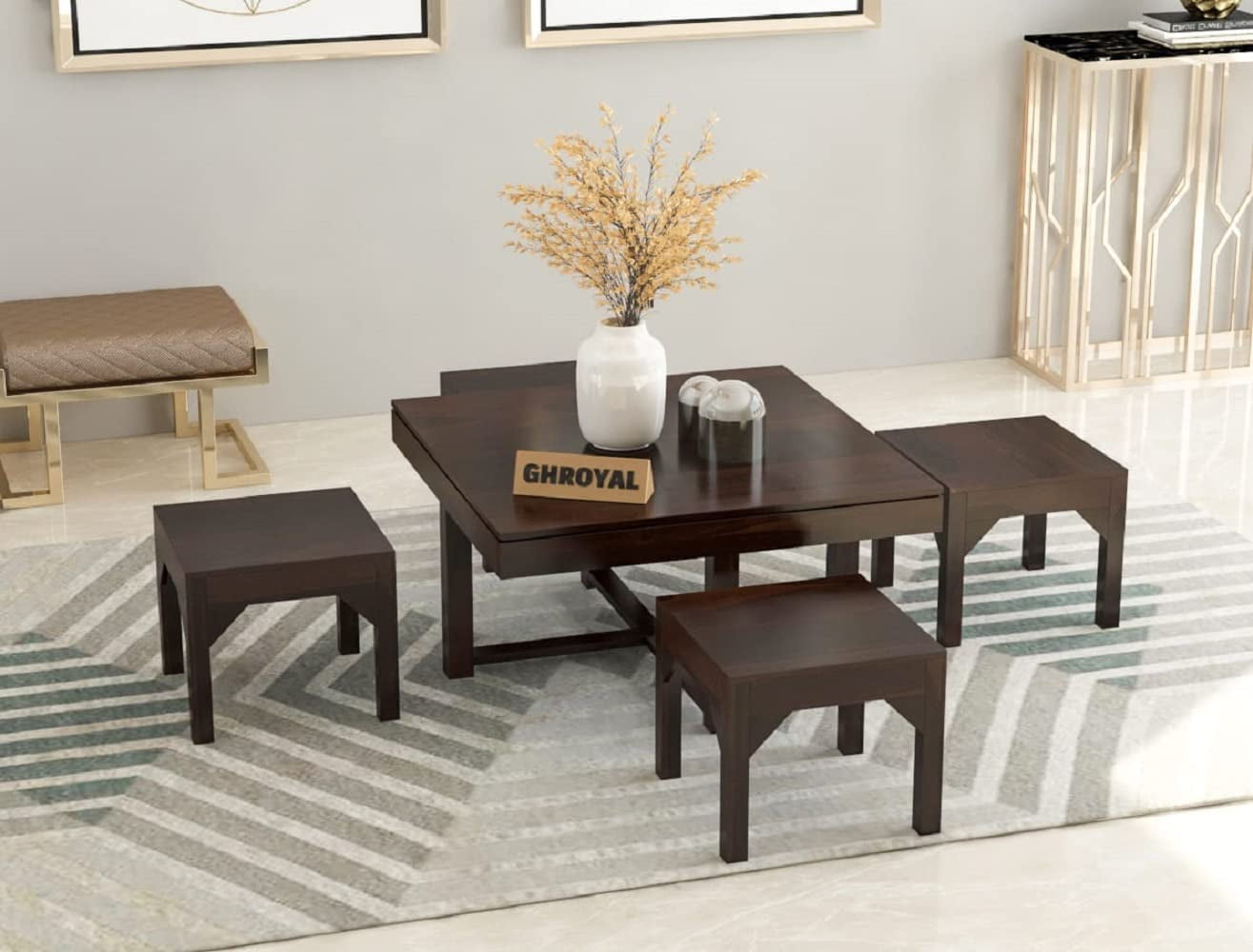 GHROYAL Sheesham Wood Coffee Table with 4 Stools for Living Room Wooden ...