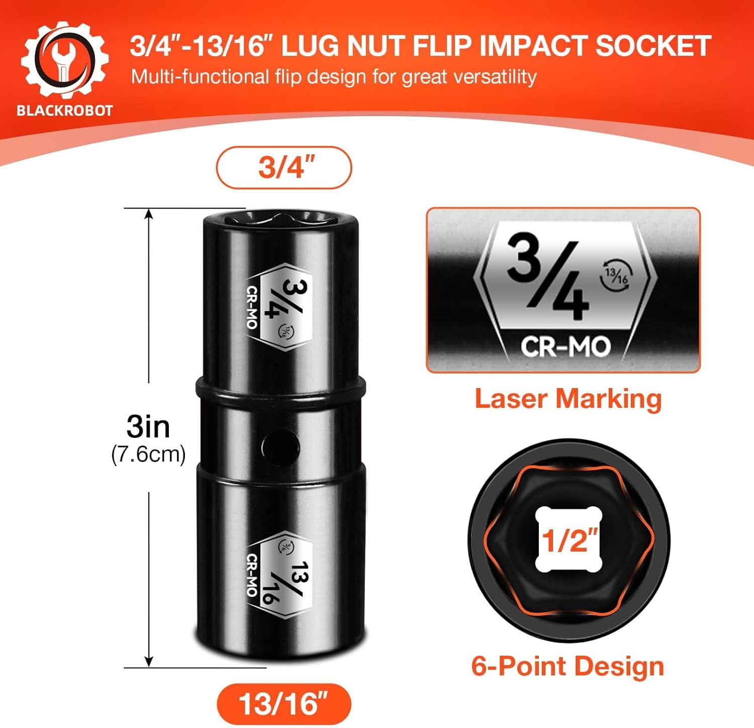 GHRTGR-1/2" Drive Impact Lug Nut Socket Set, 3/4" x 13/16" Impact ...
