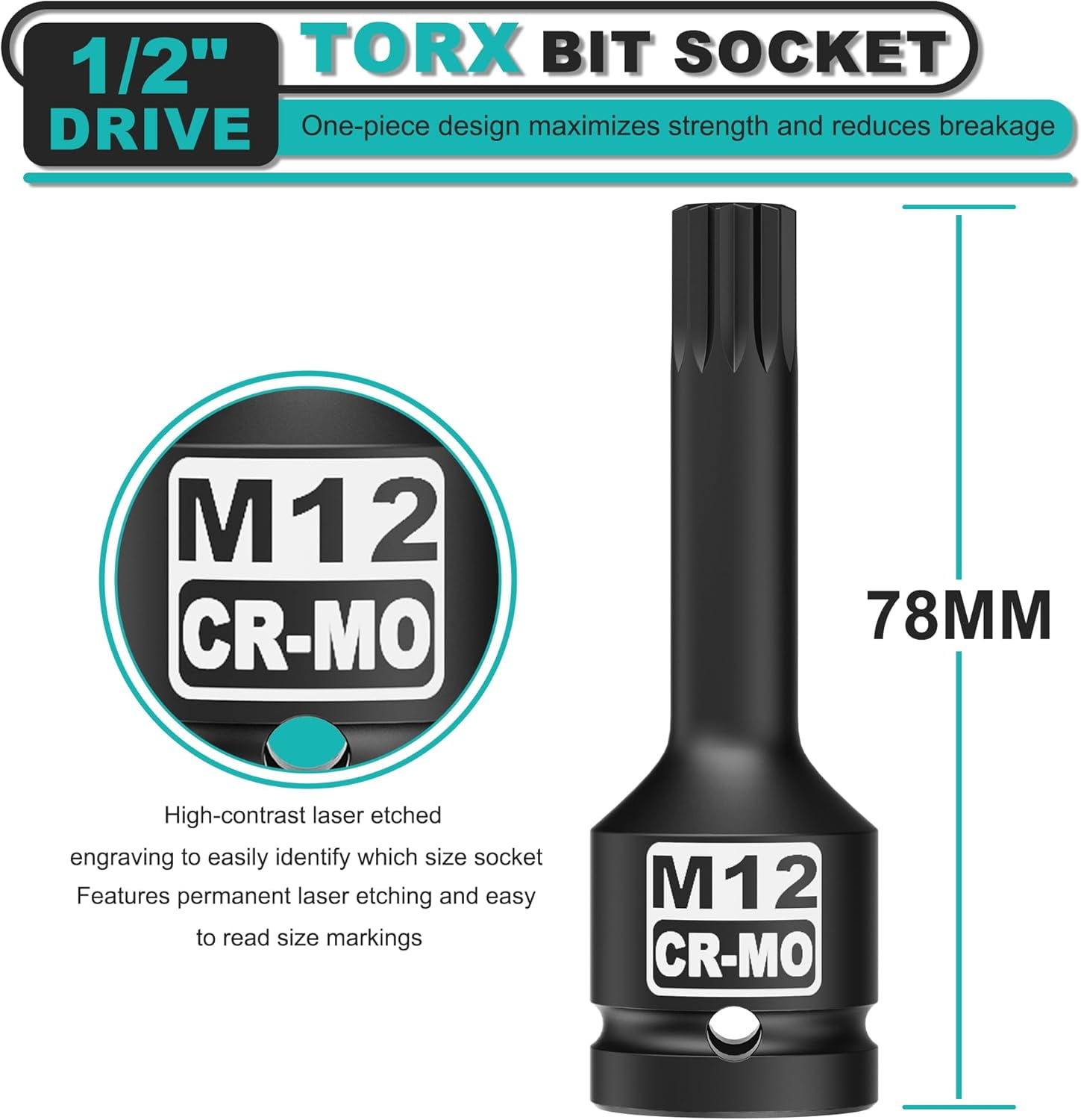 GHRTGR-1/2" Drive M12 XZN Triple Square Spline Bit Socket, Metric Size ...