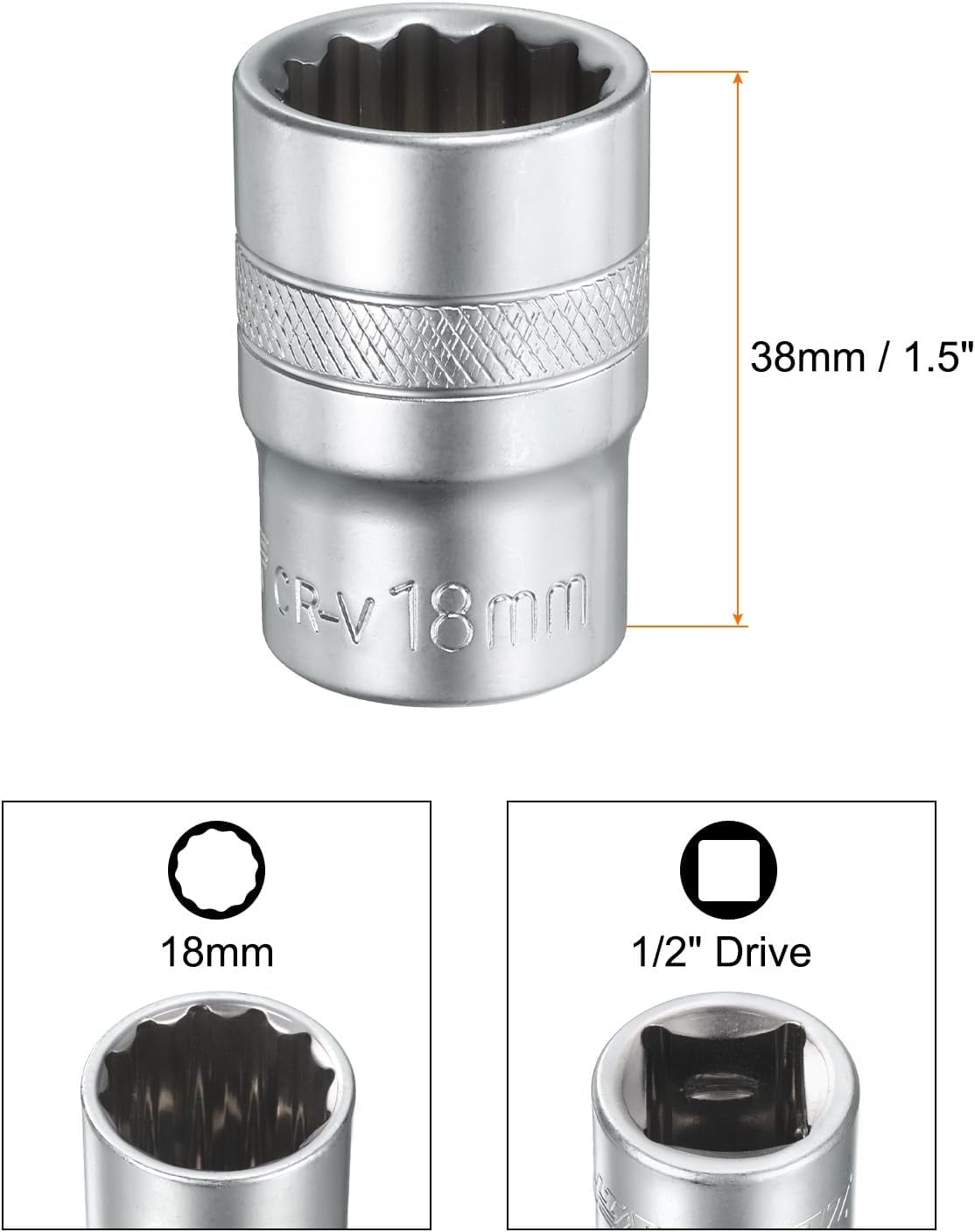 GHRTGR-1/2" Drive by 18mm 12-Point Shallow Socket 38mm Length Metric ...