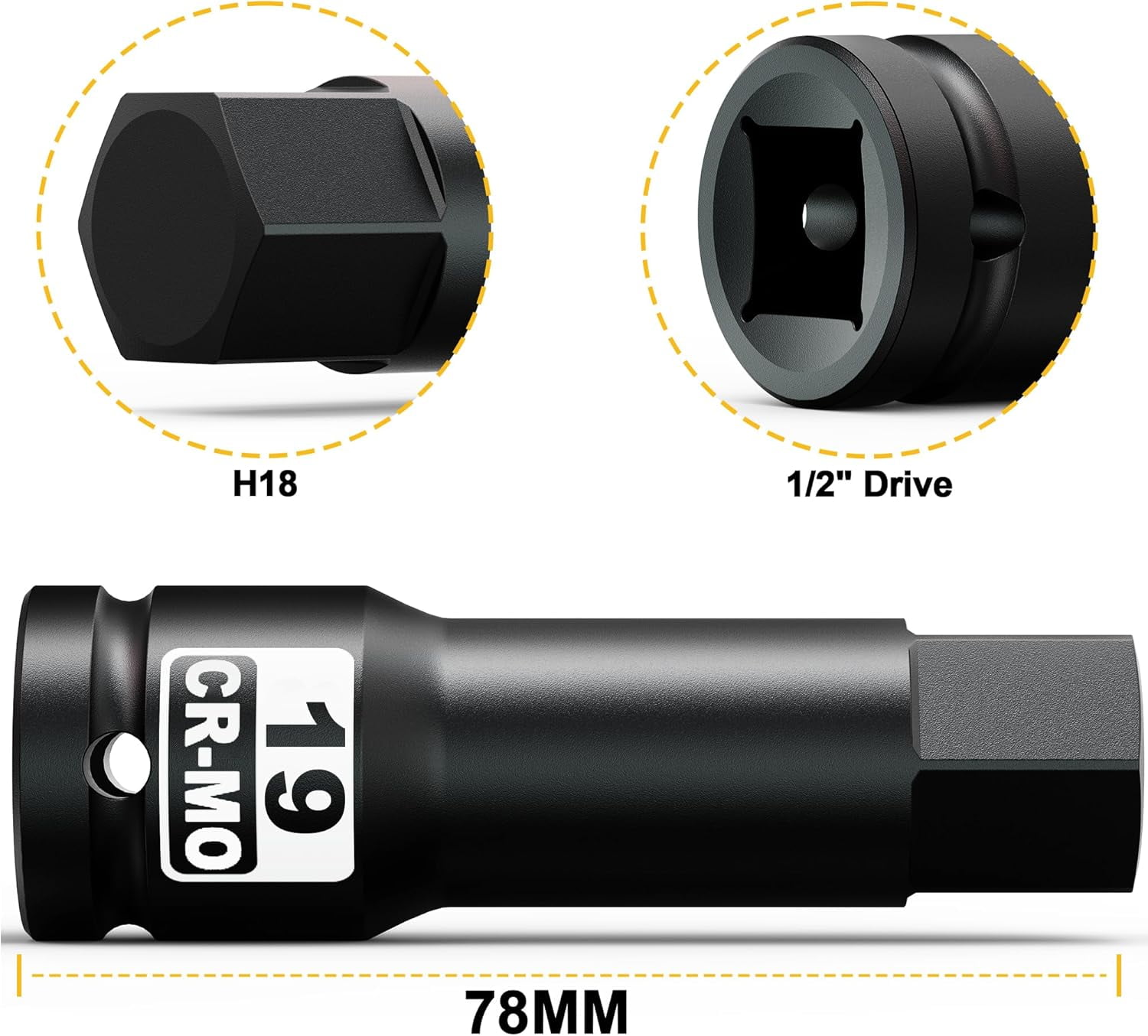 GHRTGR-1/2-Inch Drive 19 mm Hex Impact Bit Socket, H19 Allen Bit Socket ...
