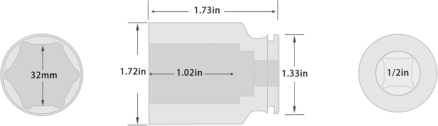 GHRTGR-1/2 Inch Drive 32mm Shallow Impact Socket, Chrome Molybdenum ...