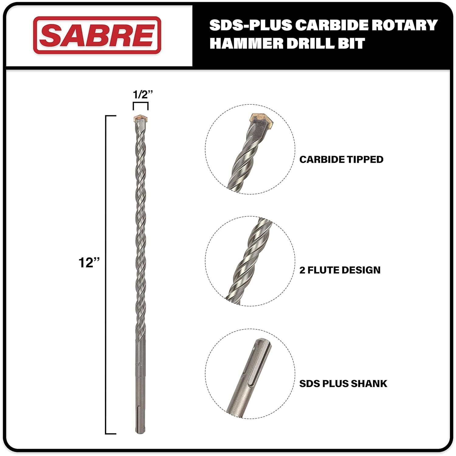 GHRTGR-1/2 Inch x 12 Inch SDS Plus Rotary Hammer Drill Bit, Carbide ...