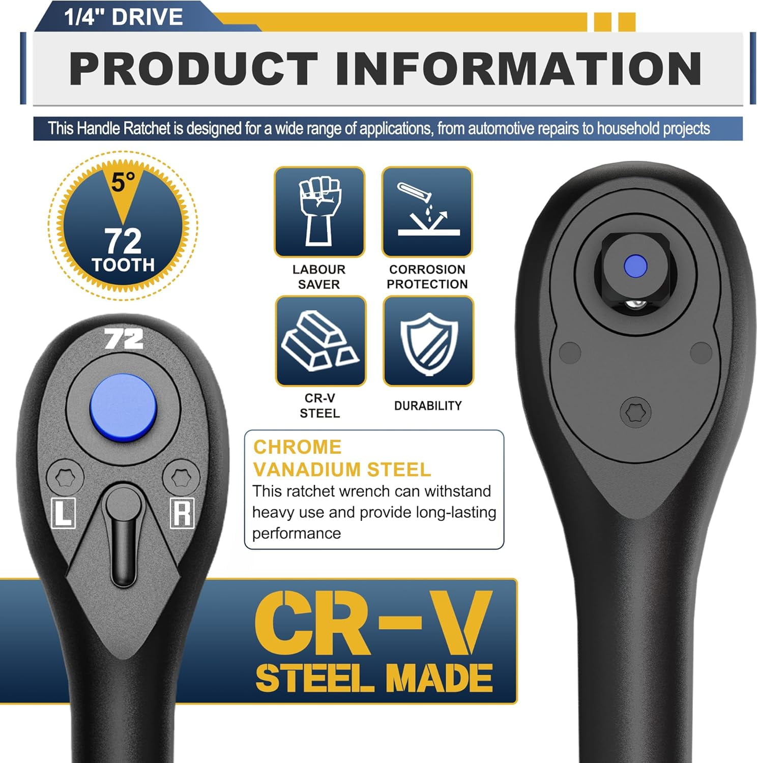 GHRTGR-1/4" Drive Ratchet, 72-Tooth Ratchet Handle, 7 inch Quick ...