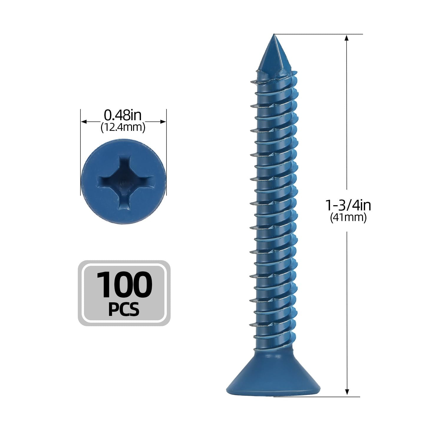 GHRTGR-1/4" x 1-3/4" Concrete Screws, 100 PCS Blue Flat Head Concrete Screws Anchor Kit with ...
