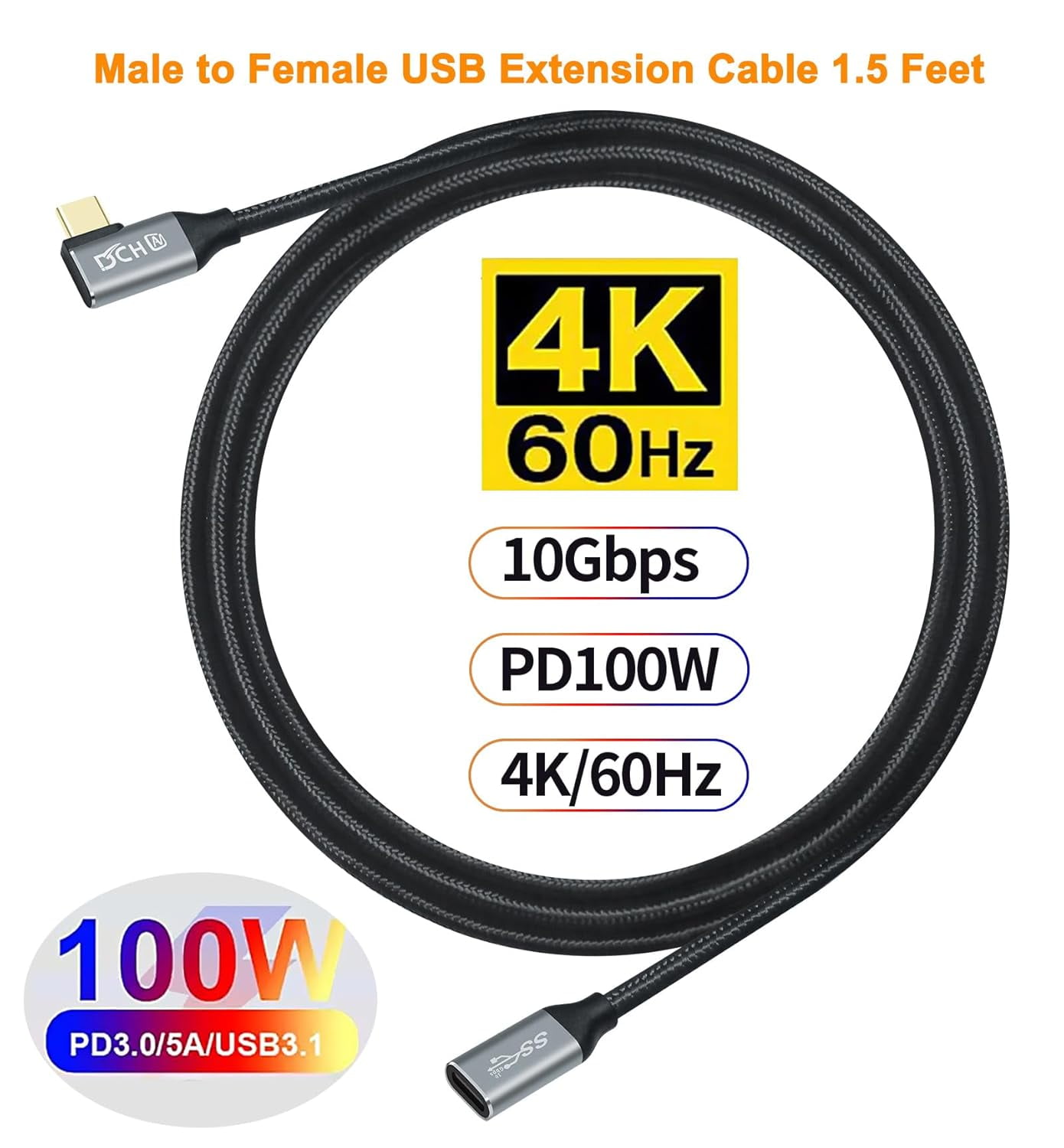 GHRTGR-1.5ft 100W USB C to USB C Cable Male Female 10Gbps Data Transfer 4K Video Output Fast ...