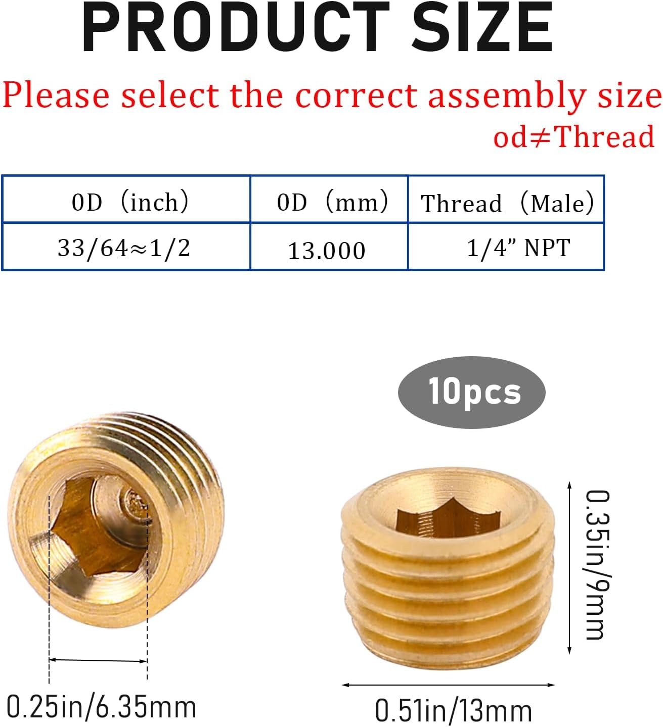 GHRTGR-10 PCS 1/4" NPT Male Pipe Plug Fitting Set Brass Hex Counter Sunk Plugs for Closing the ...