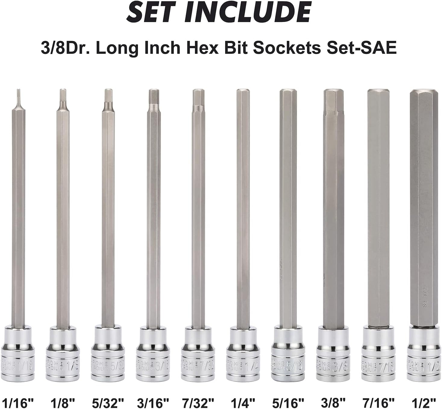 GHRTGR-10 Pieces 3/8 Inch Drive Long Hex Bit Socket Set, 1/16 Inch to 1 ...