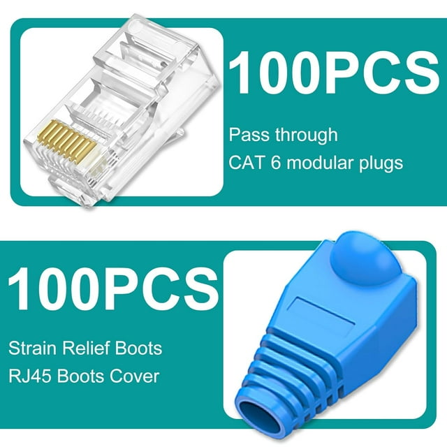 GHRTGR-100-Pack Cat 6 Pass Through RJ45 Connectors with RJ45 Boots ...