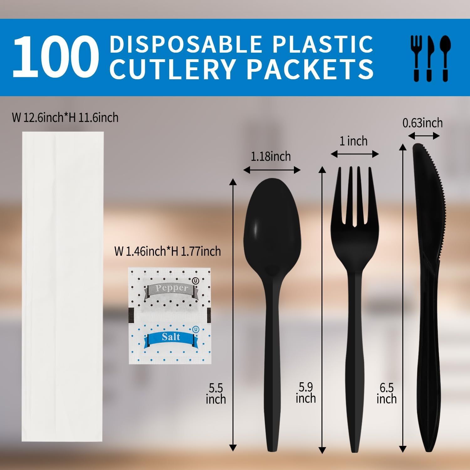 GHRTGR-100Pack Plastic Cutlery Packets, Knife Fork Spoon Napkin Salt ...