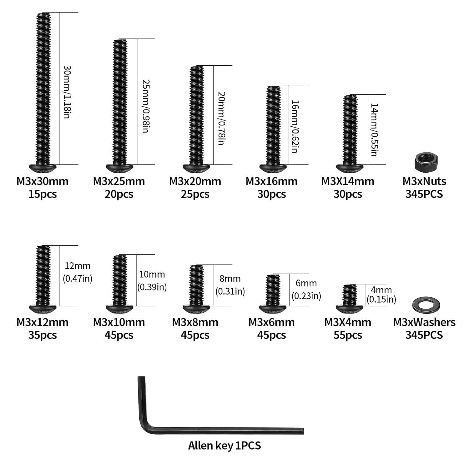 GHRTGR-1035 Pcs M3 Screw Assortment, M3 Bolts and Nuts Kit, Hex Socket ...