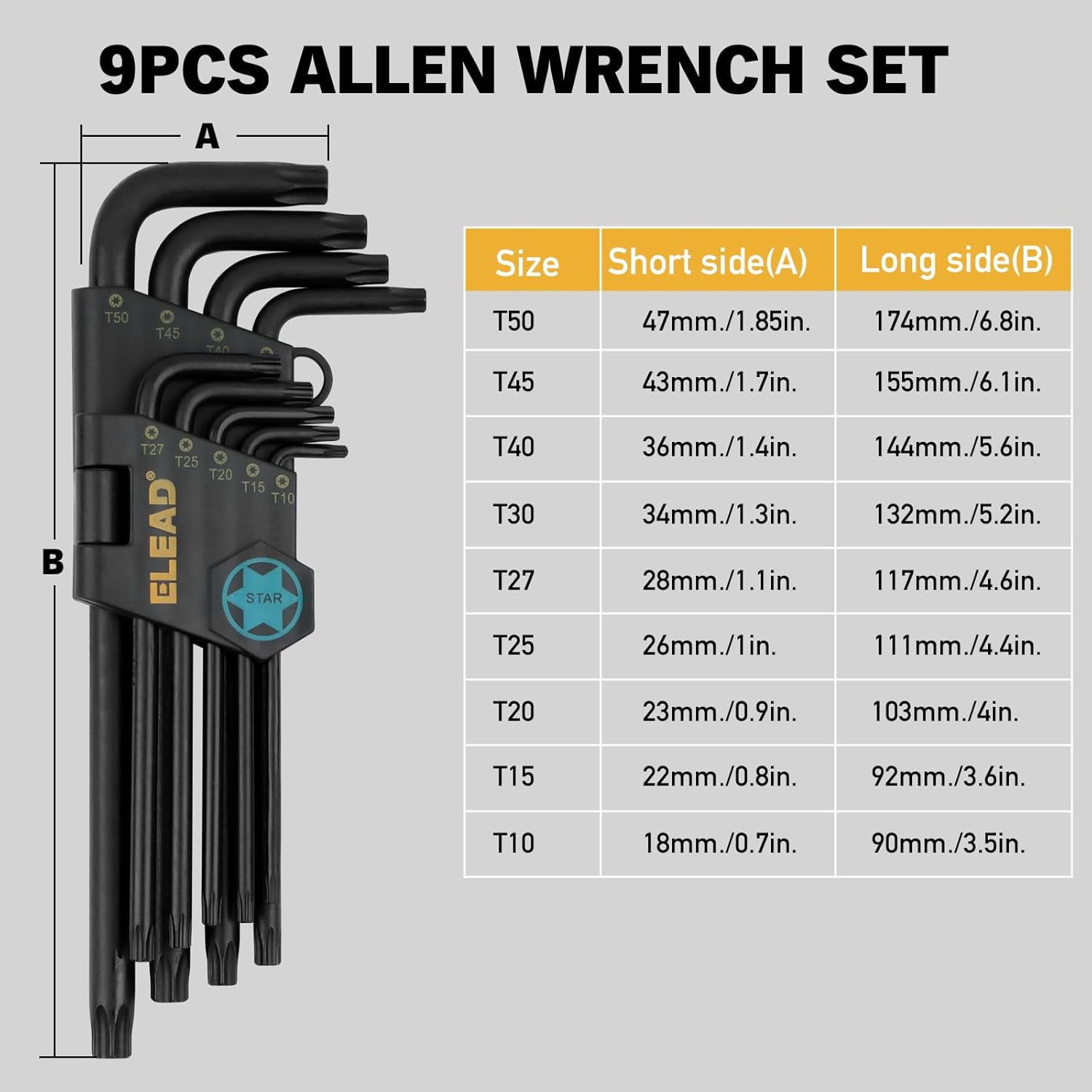 GHRTGR-11-Piece Torx Star Allen Wrench Set with Extension Bar, Long Arm Torx Key Set T10-T50 ...