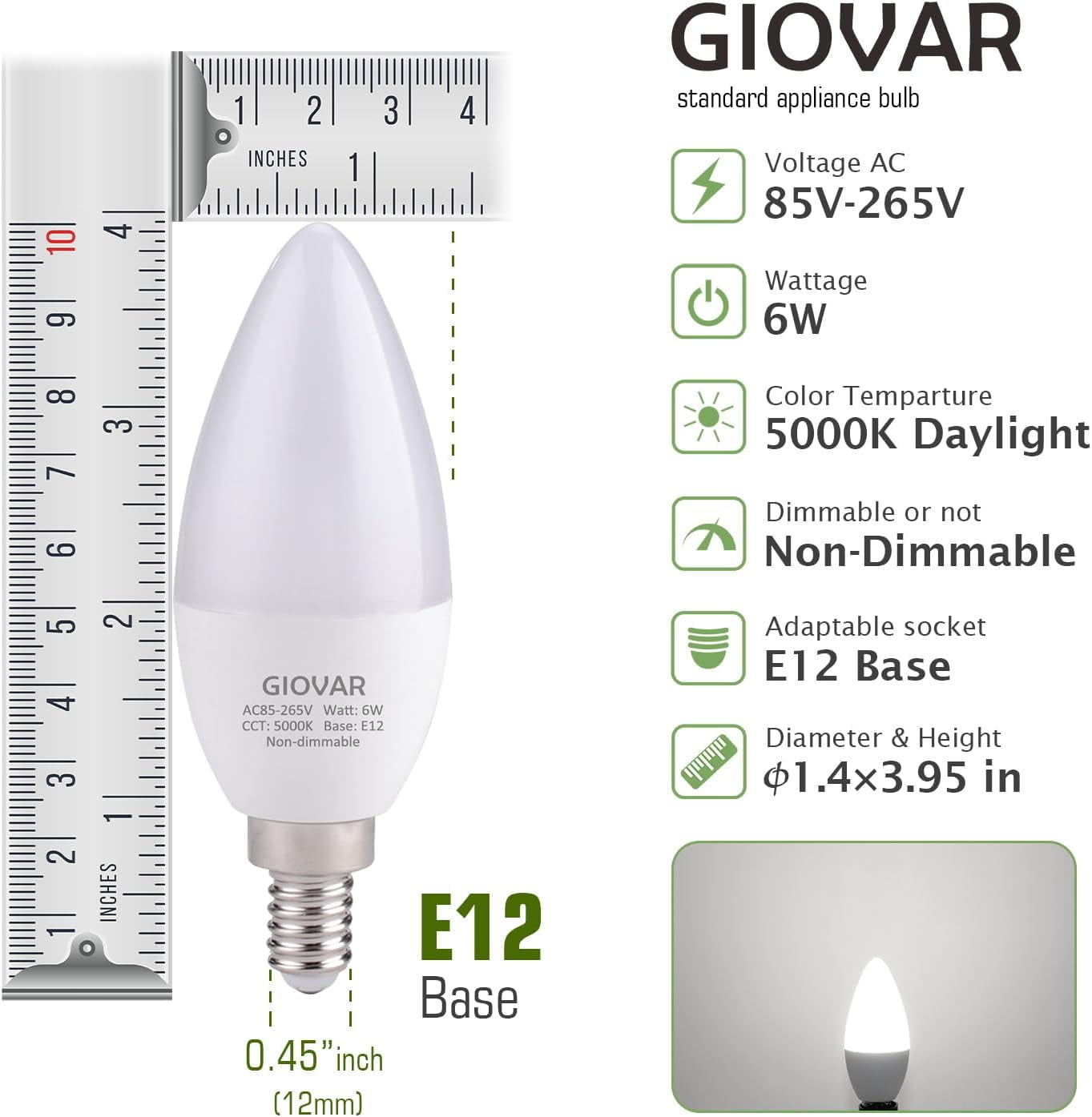 GHRTGR-12-Pack LED Celing Fan Light Bulbs 60 Watt, Daylight 5000K, E12 ...