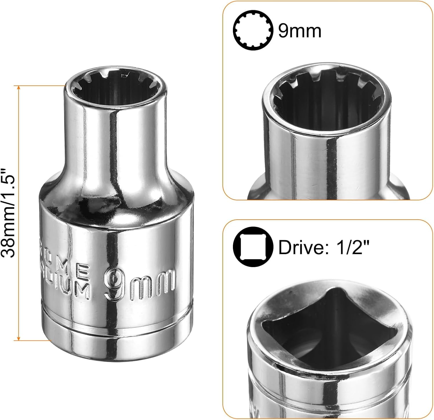 GHRTGR-12 Point Socket 1/2" Drive by 9mm Metric Shallow Socket Chrome ...