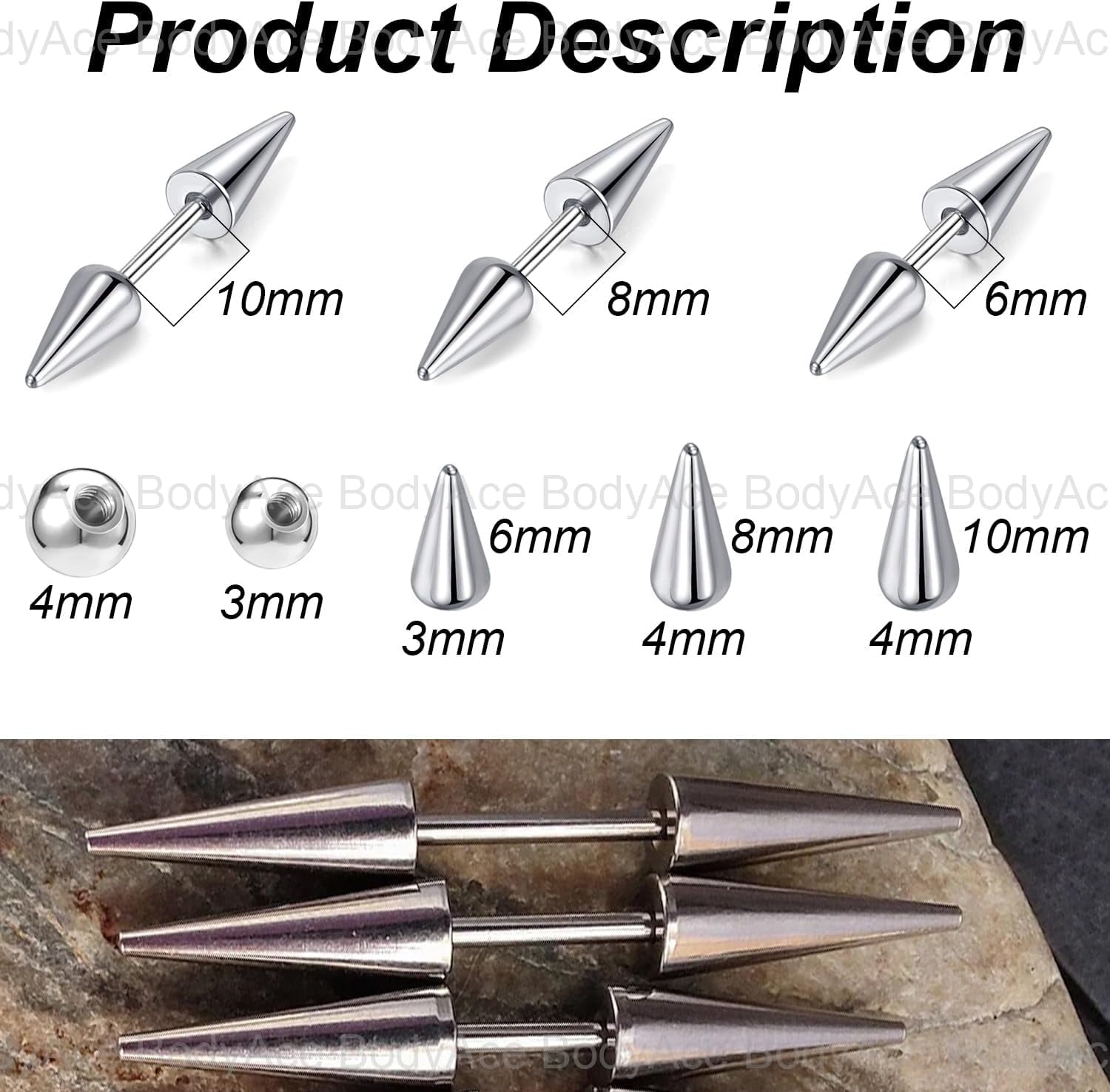 GHRTGR-12PCS Spike Earrings Cartilage Helix Piercings, Black Spike ...