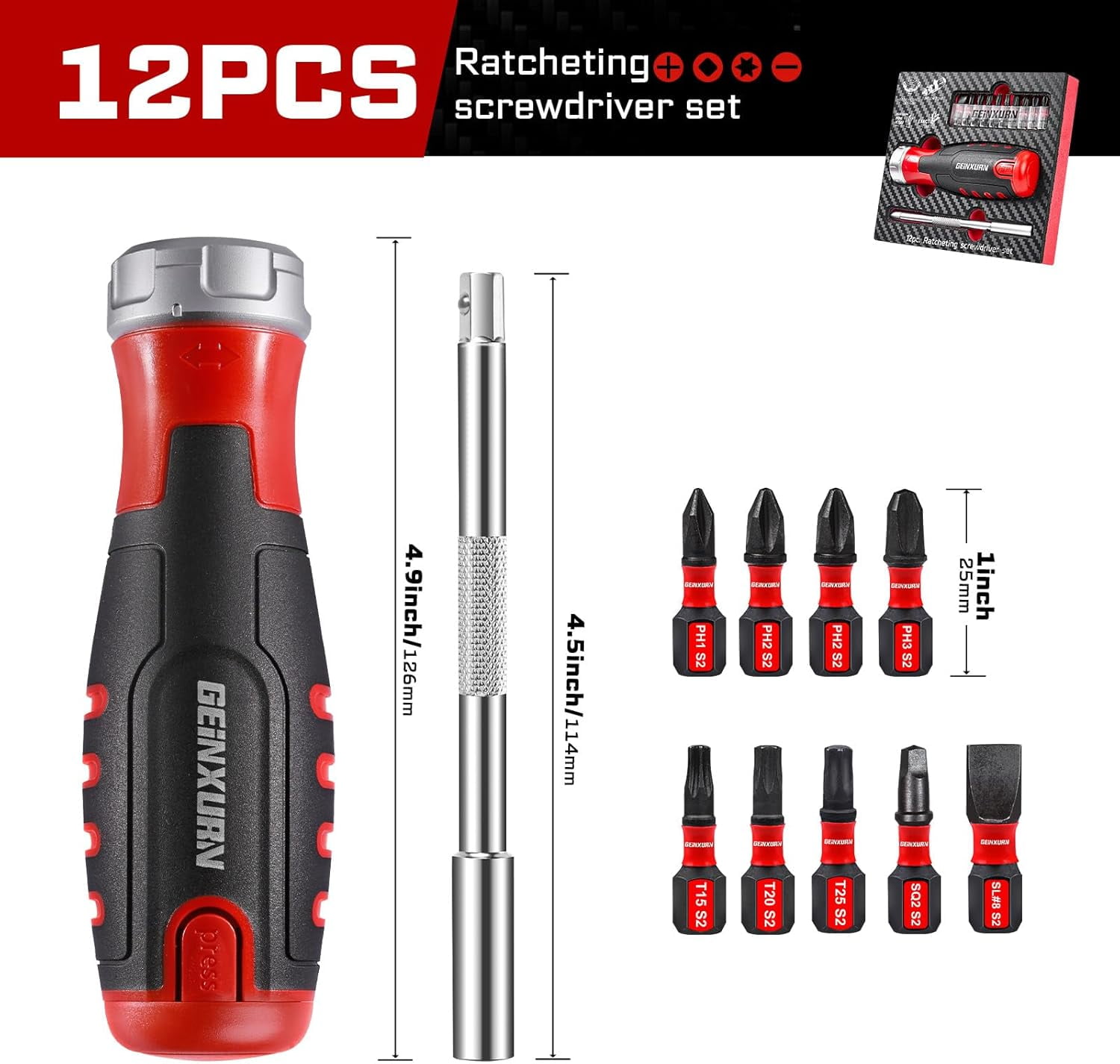 GHRTGR-12Pieces Ratcheting Screwdriver Set, 12-in-1 Multi-bit Magnetic ...