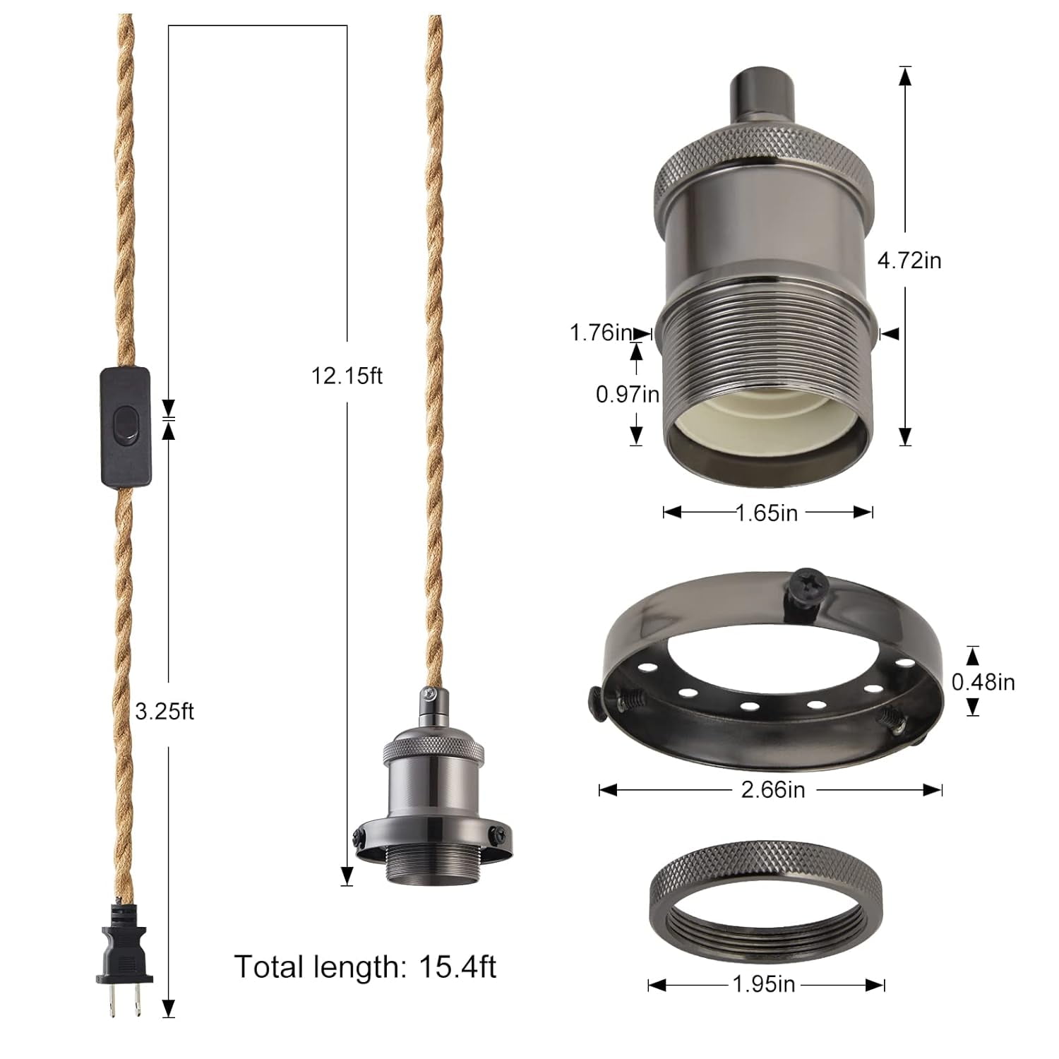 GHRTGR-15.4ft Pendant Light Cord Kit, Industrial Vintage Plug in E26 ...