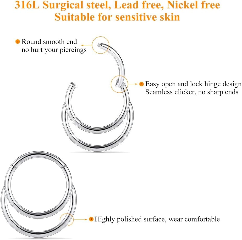 GHRTGR-16G Clicker Rings 316L Surgical Steel Hinged Hoops for Septum ...