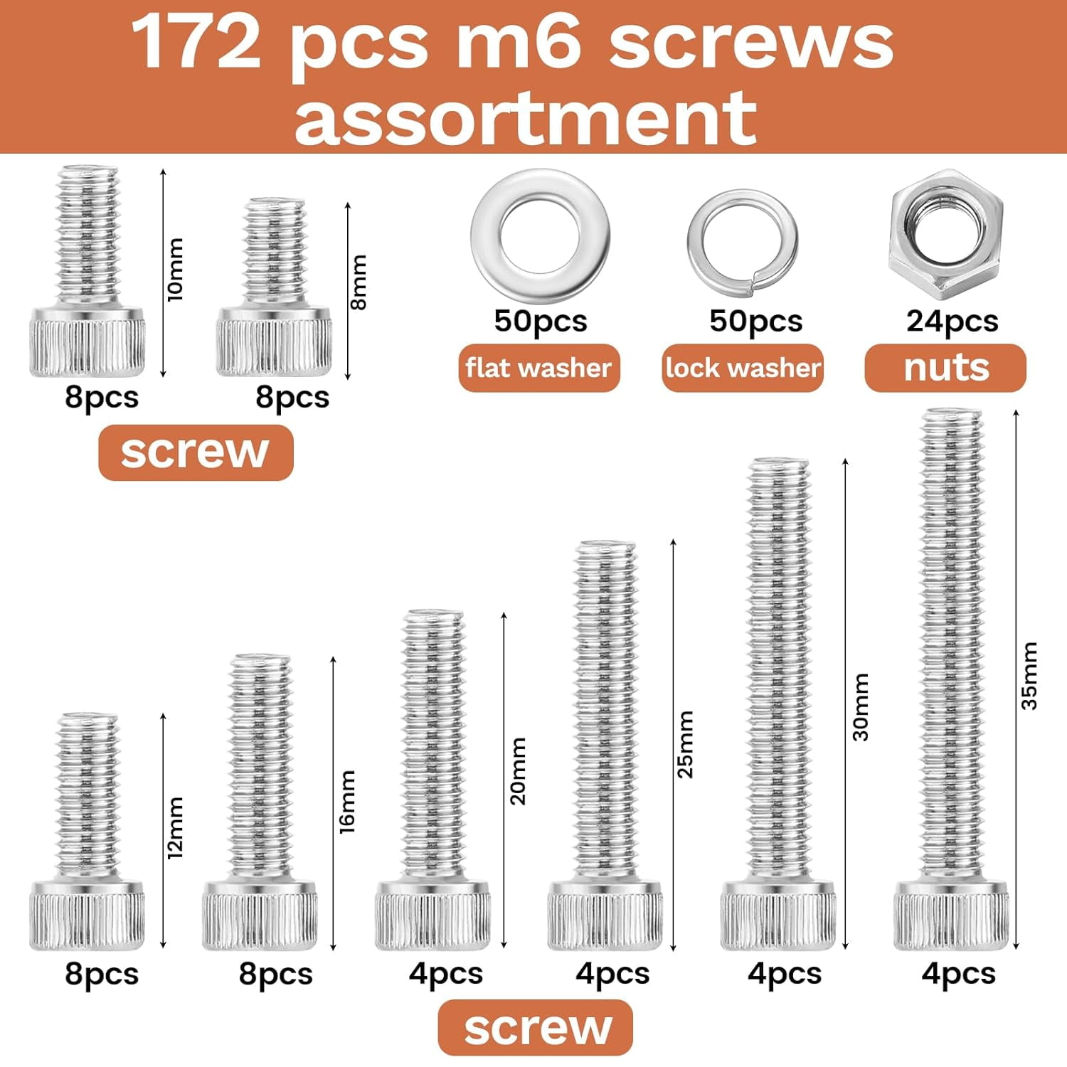 GHRTGR-172 Pcs M6 Screws Assortment Kit, M6x 8/10/12/16/20/25/30/35mm ...