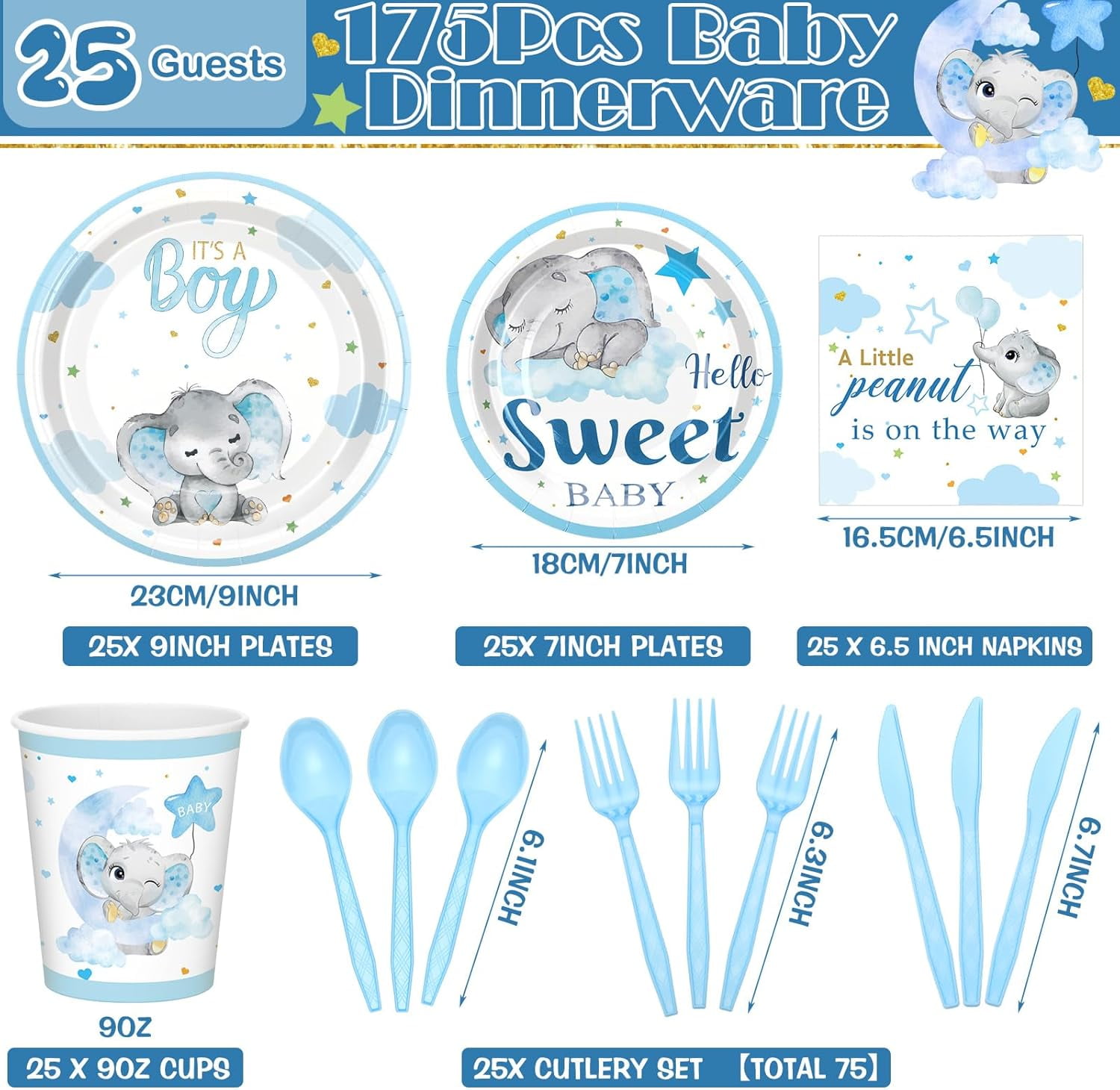 GHRTGR-175 Pcs Blue Elephant Baby Shower Decorations Paper Plates ...