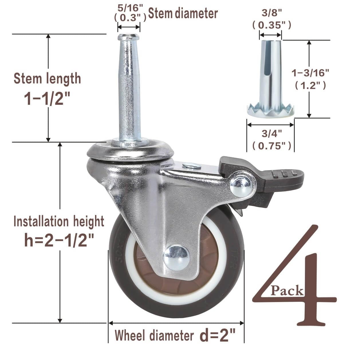 GHRTGR-2" Caster Wheels with Brakes, Rubber Wheel Casters Set of 4 with ...