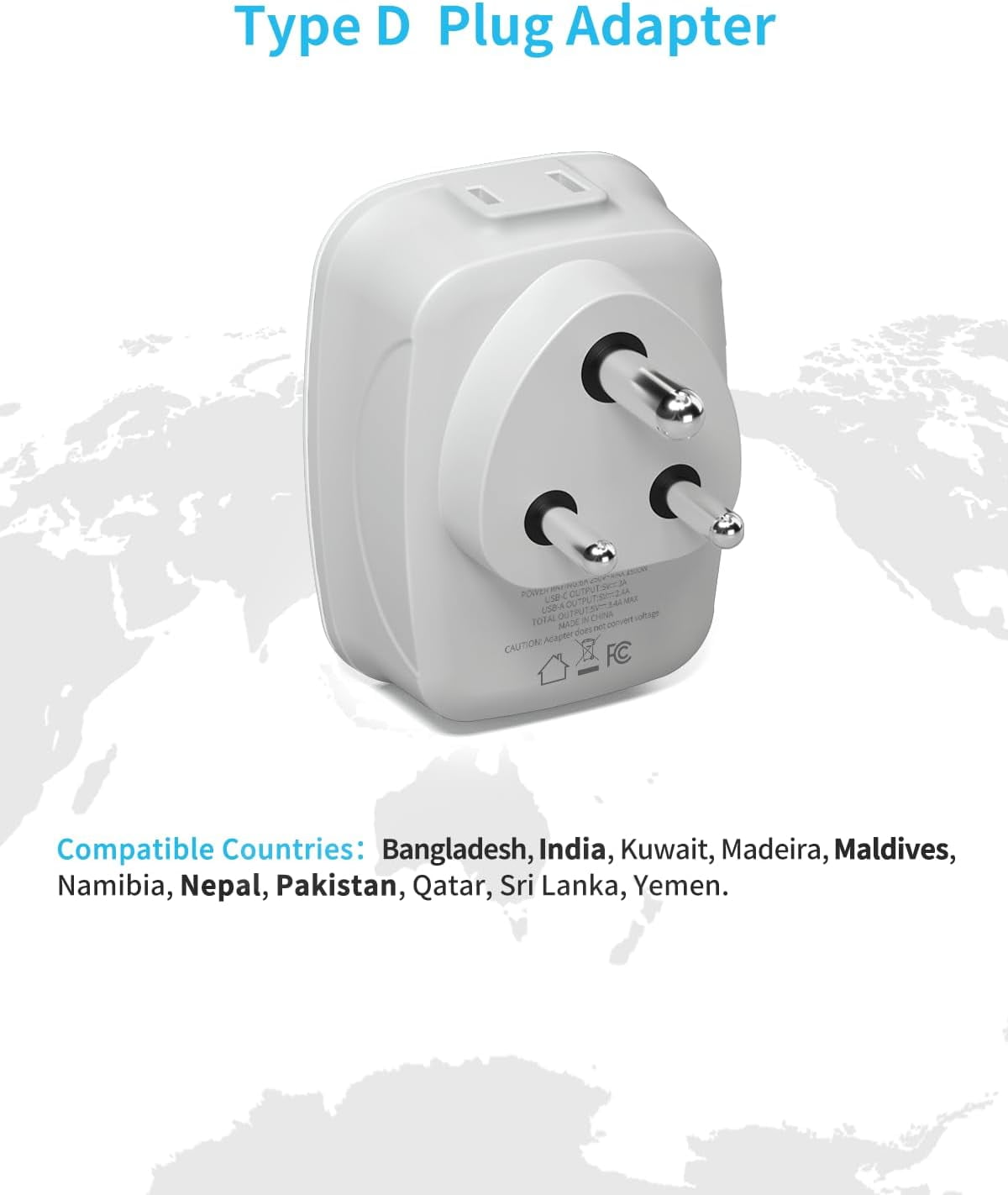 GHRTGR-2 Pack US to India Plug Adapter, Type D Travel Adapter with 1 ...