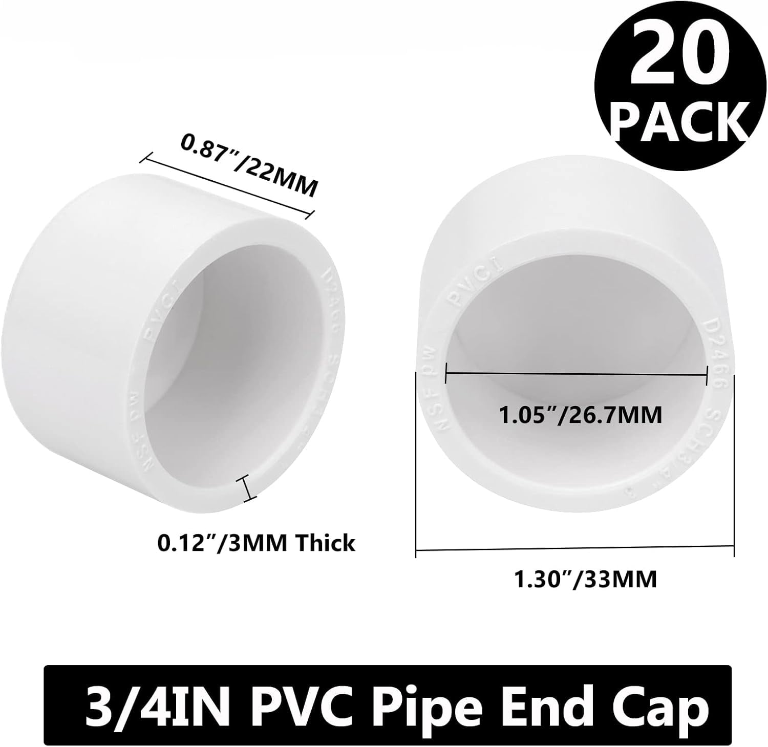 GHRTGR-20 Pack PVC Pipe End Cap Fitting 3/4 Inch PVC Pipe End Cap Plug ...