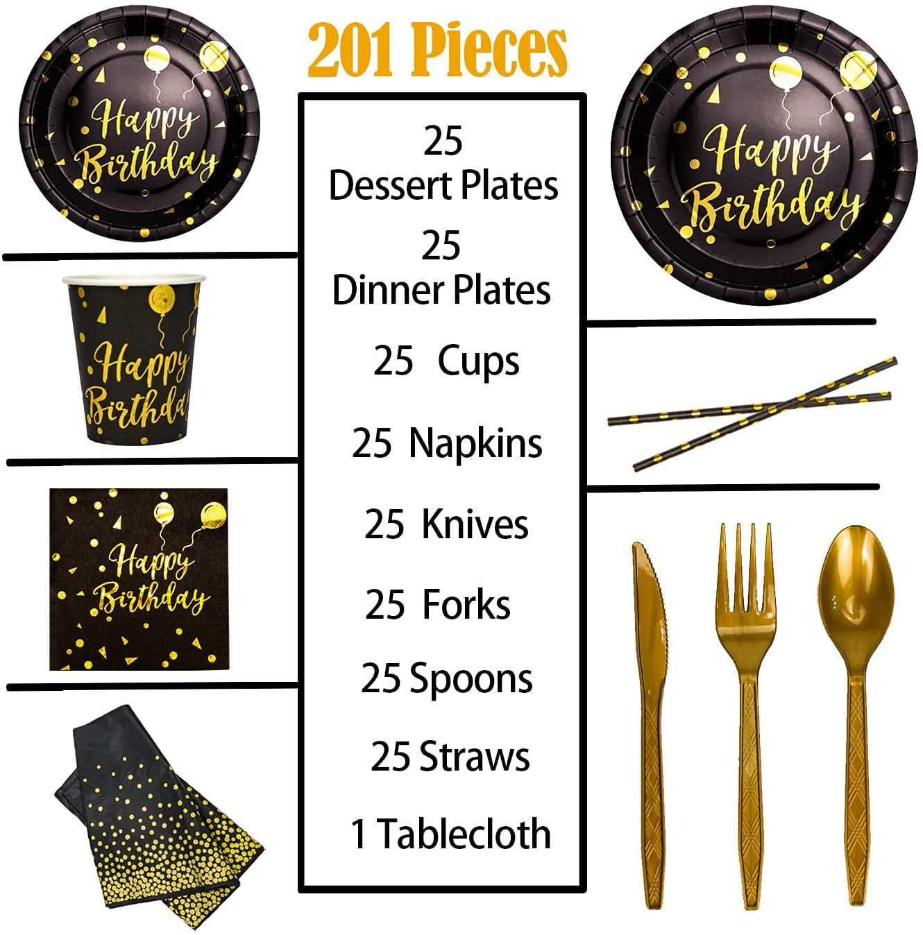 GHRTGR-201 Pieces Gold Disposable Party Dinnerware Set &Golden Dot ...