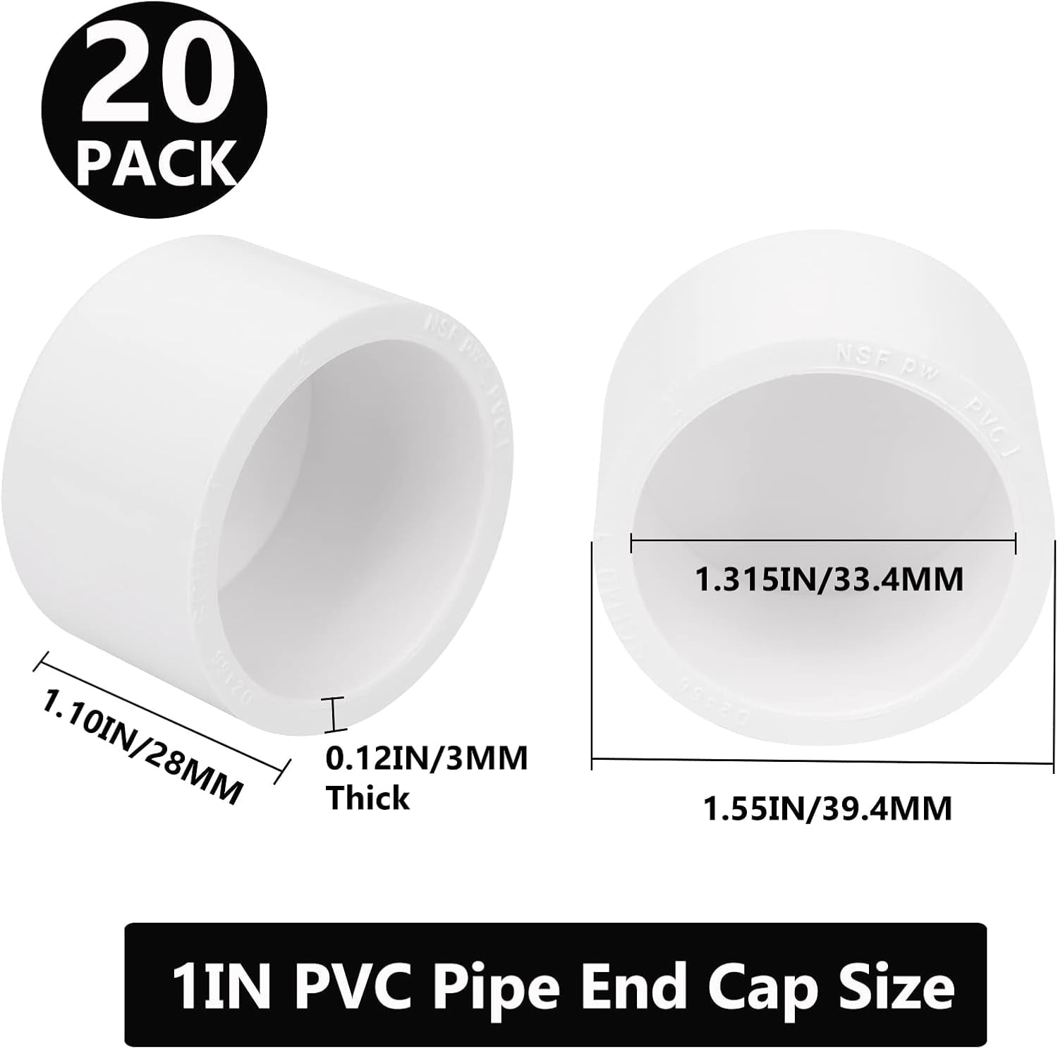 GHRTGR-20Pack 1"PVC Pipe End Cap Fitting Schedule 40 Furniture Grade 1 ...
