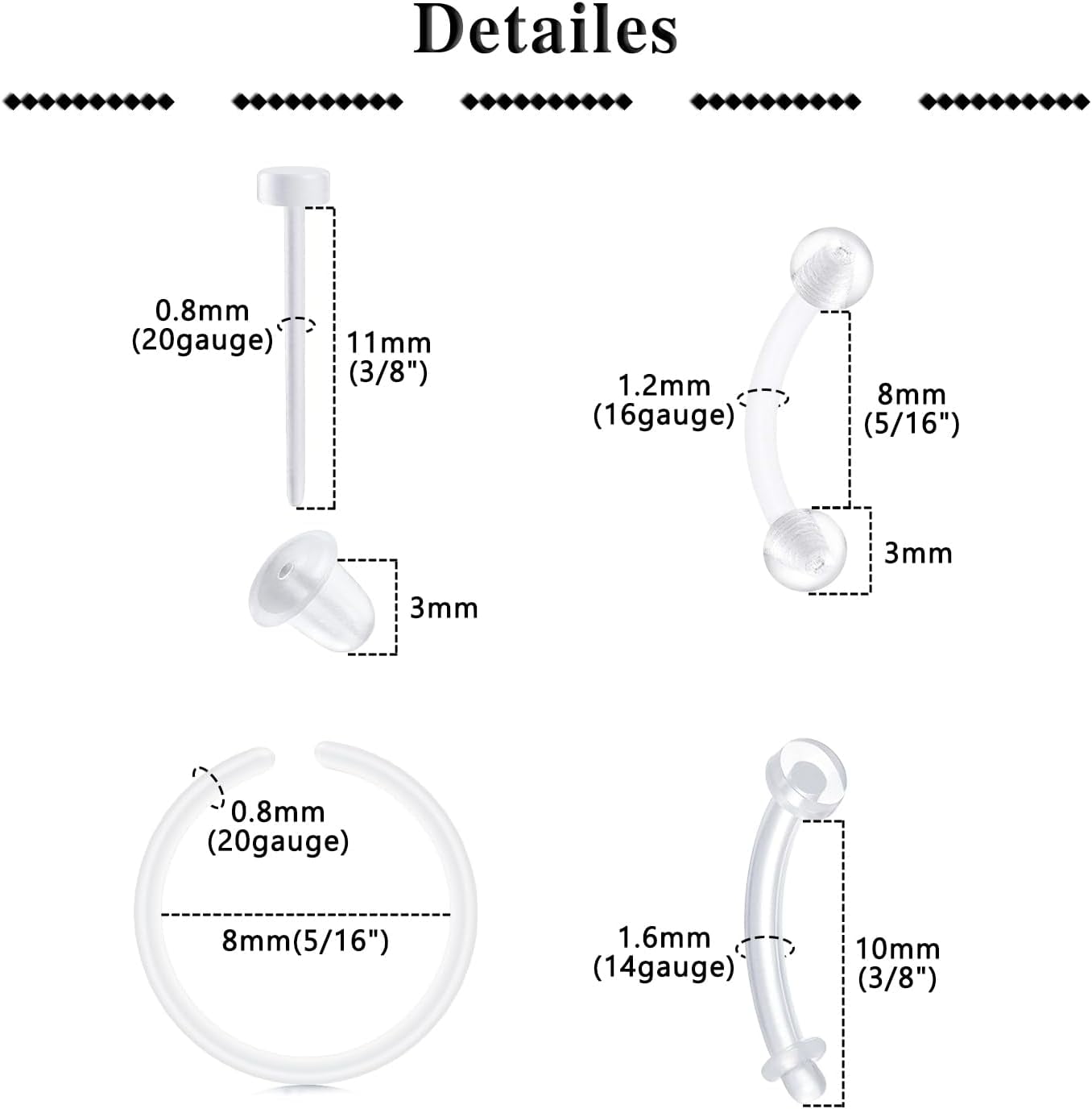 GHRTGR-20g 18g Clear Nose Studs for Work Clear Nose Rings for Work ...