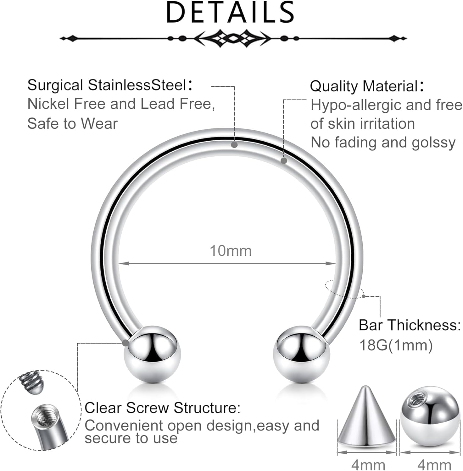 GHRTGR-22G 20G 18G 16G 14G 12G 10G 8G 6G 4G 2G 0G 00G Surgical Steel Nose Septum Horseshoe Hoop ...