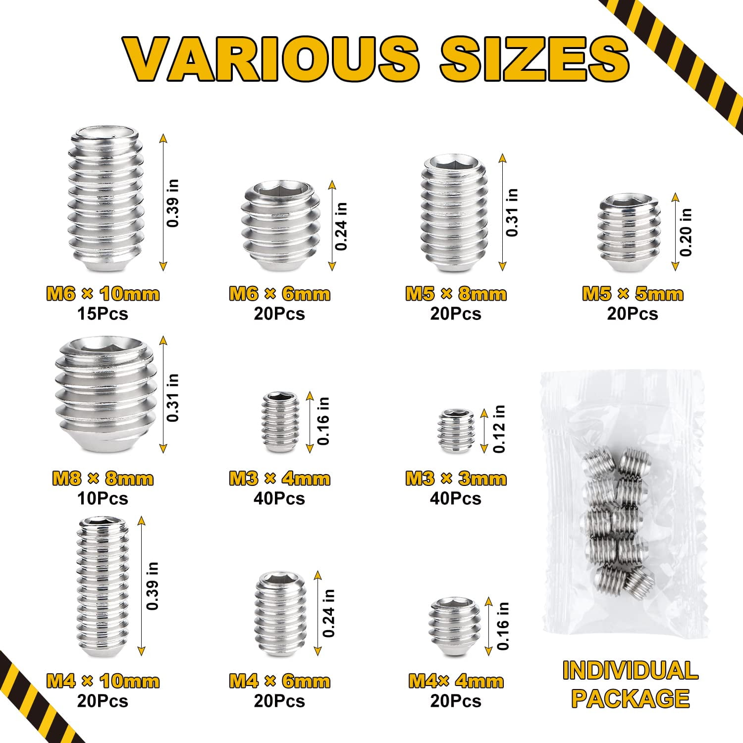 GHRTGR-230Pcs 304 Stainless Steel Socket Set Screws Assortment Kit, M3 ...