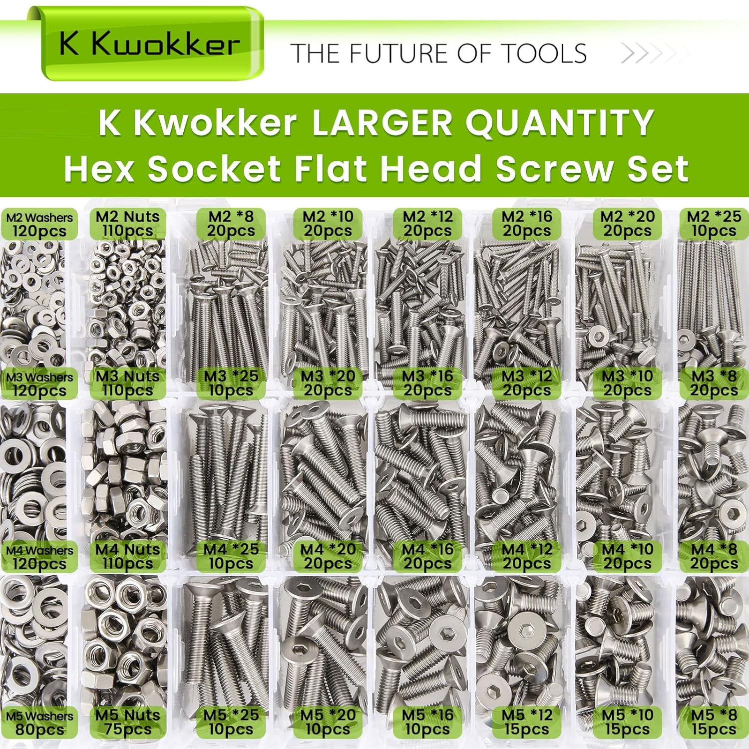 GHRTGR-24 Sizes M2 M3 M4 M5 Hex Socket Flat Head Screw Bolts and Nuts Kit, 8MM to 25MM 304 ...