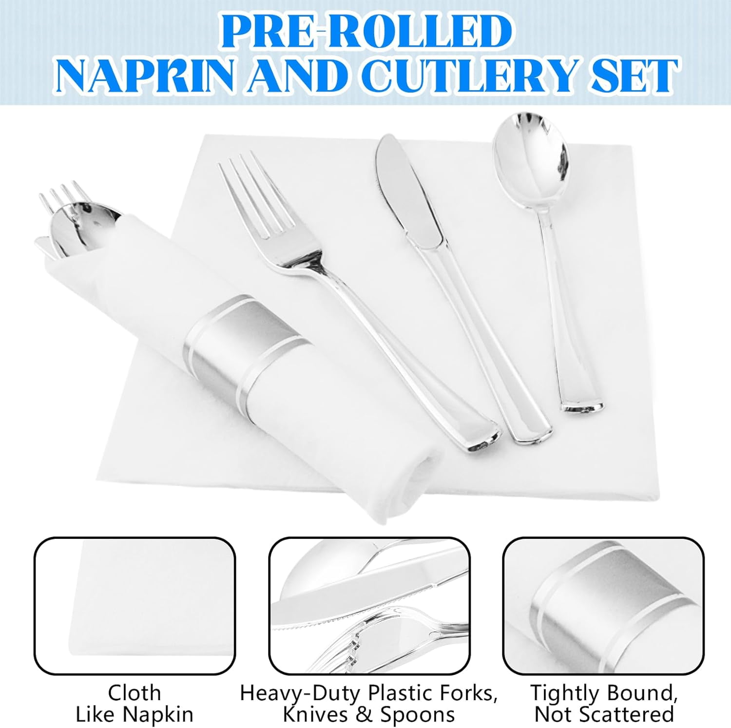 GHRTGR-25 Pack Pre Rolled Silver Plastic Silverware, Wrapped Cutlery ...