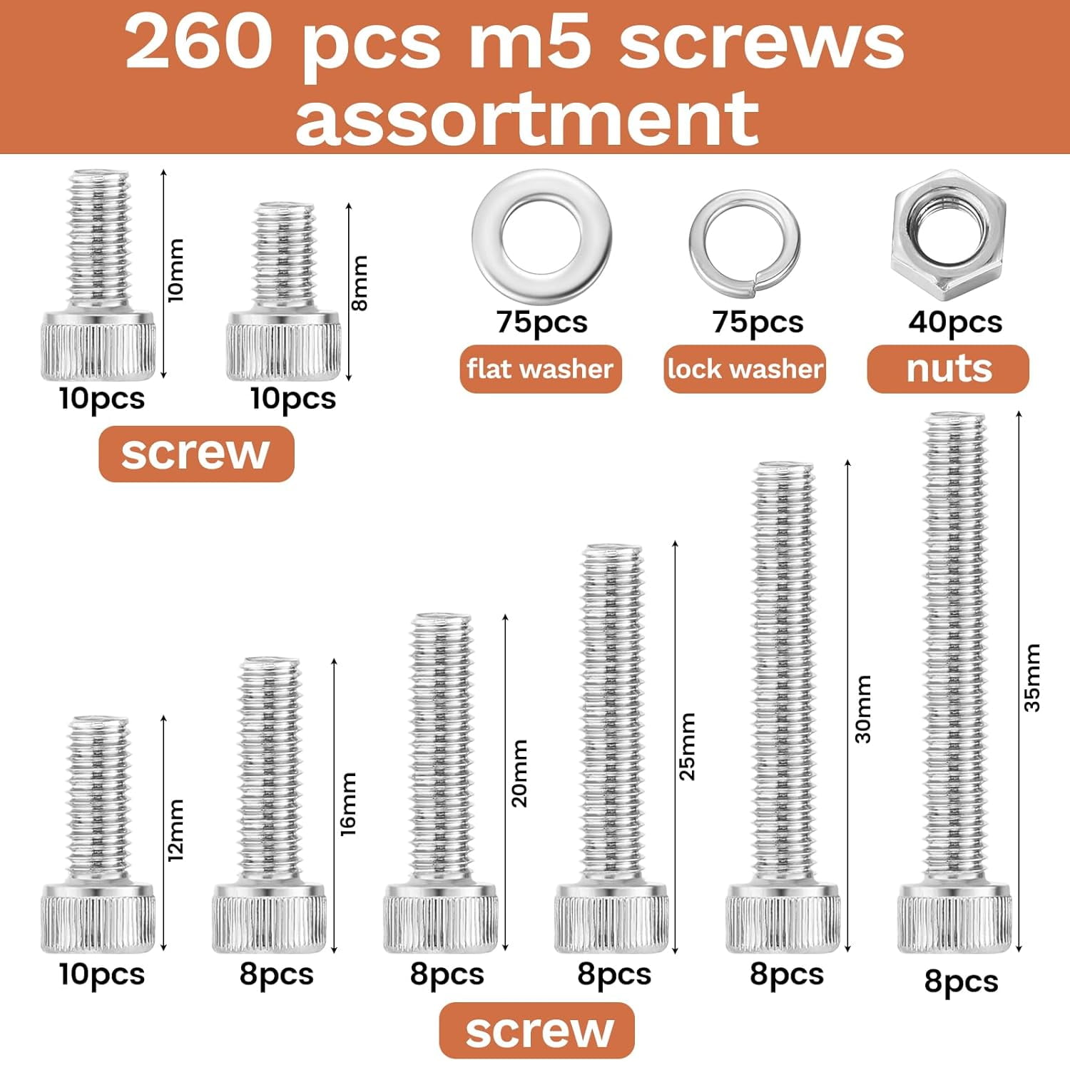 GHRTGR-260 Pcs M5 Screws Assortment Kit, M5 Bolts Kit M5x 8/10/12/16/20 ...